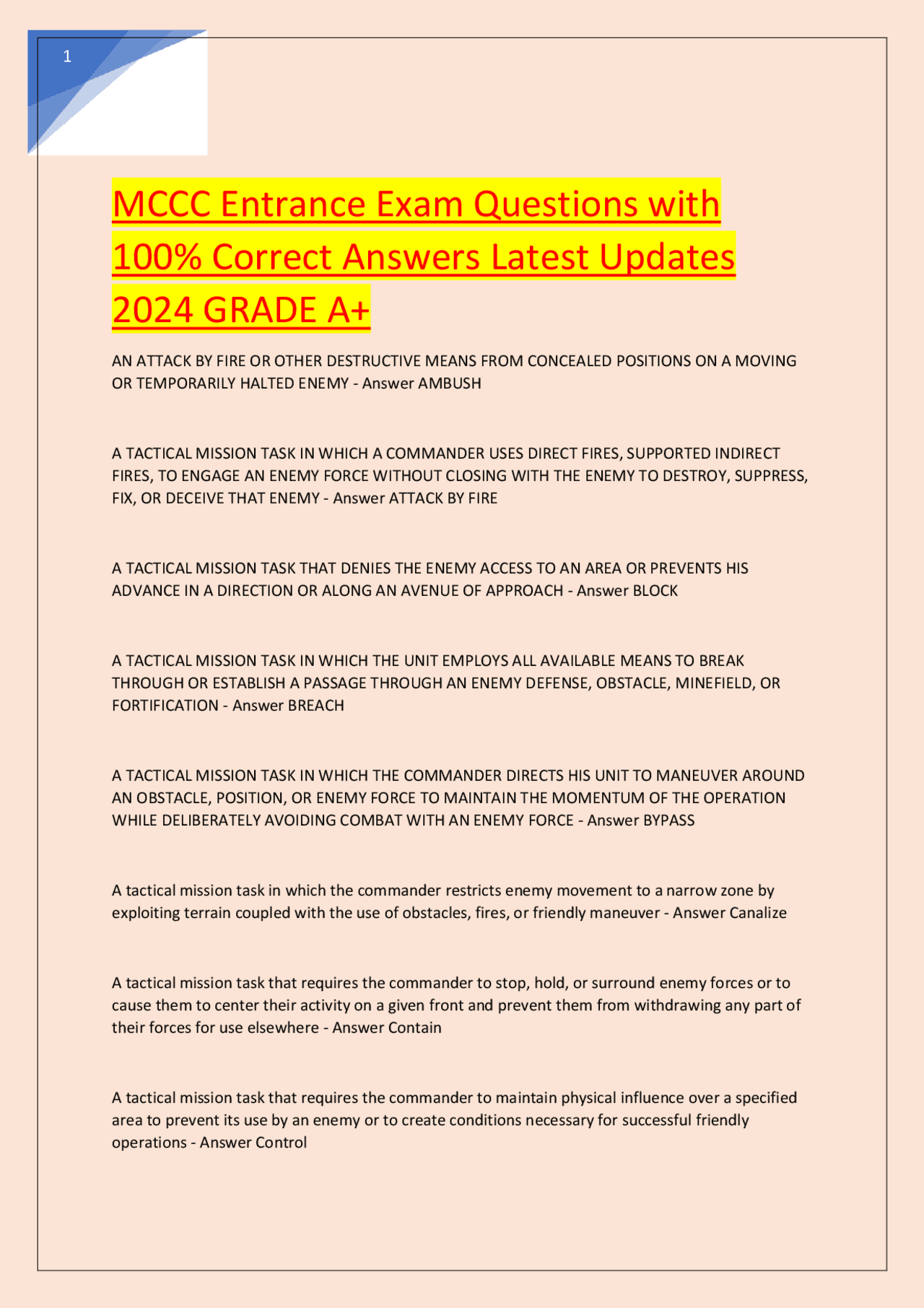 MCCC Entrance Exam Questions with 100% Correct Answers Latest Updates ...