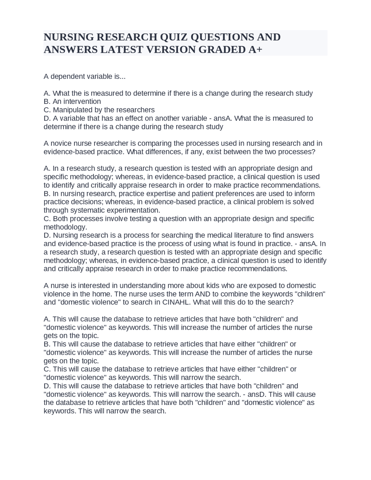 NURSING RESEARCH QUIZ QUESTIONS AND ANSWERS LATEST VERSION GRADED A+ ...