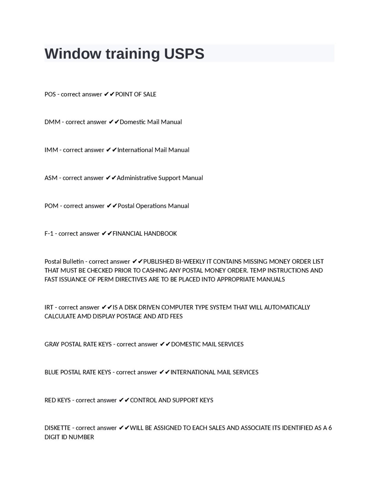 Window Training Usps Correctly Answered Exams Nursing Docsity
