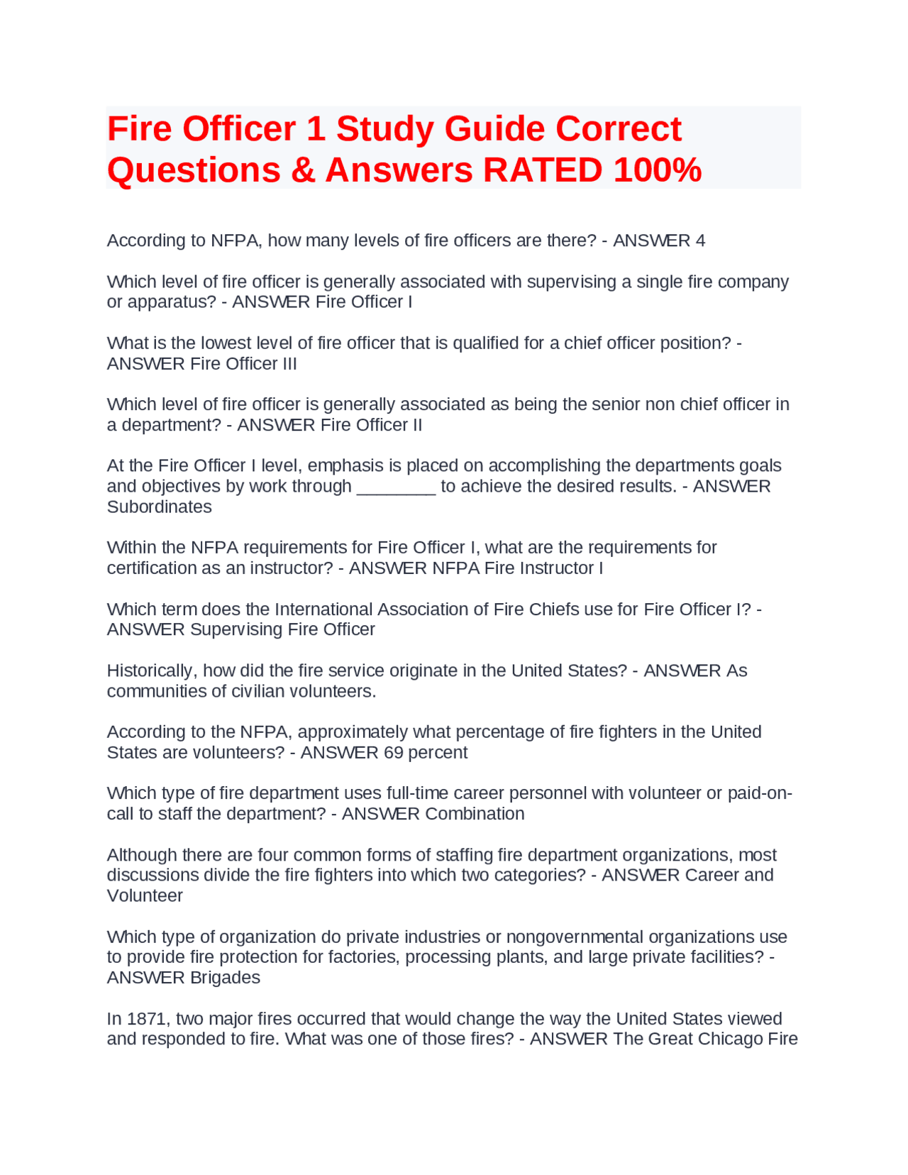Fire Officer 1 Study Guide Correct Questions & Answers RATED 100% ...