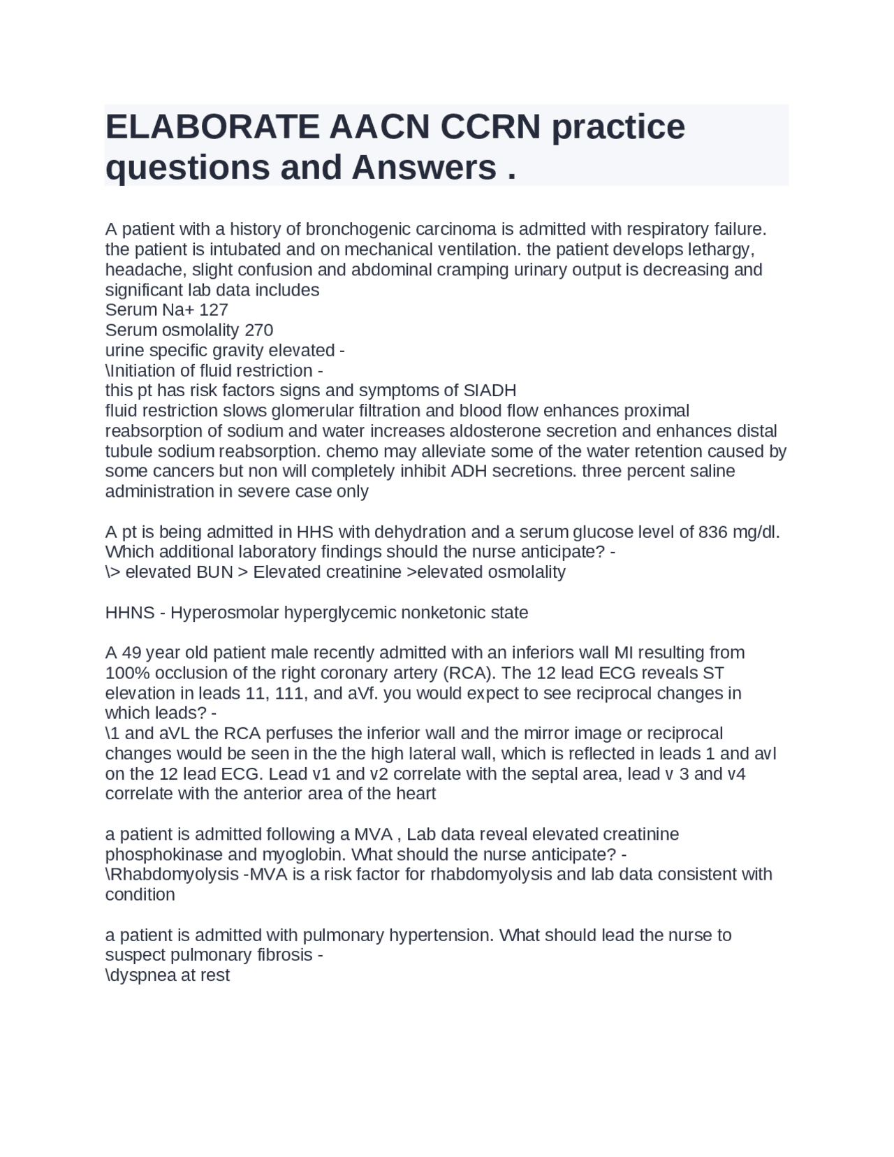 ELABORATE AACN CCRN practice questions and Answers . | Exams Nursing ...