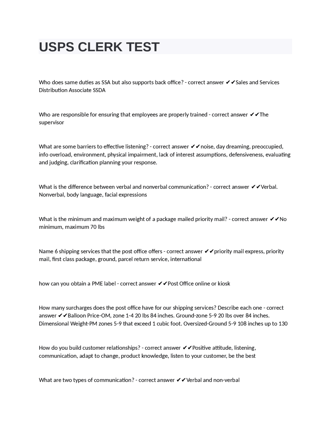 USPS CLERK TEST questions with correct answers graded A+ | Exams ...