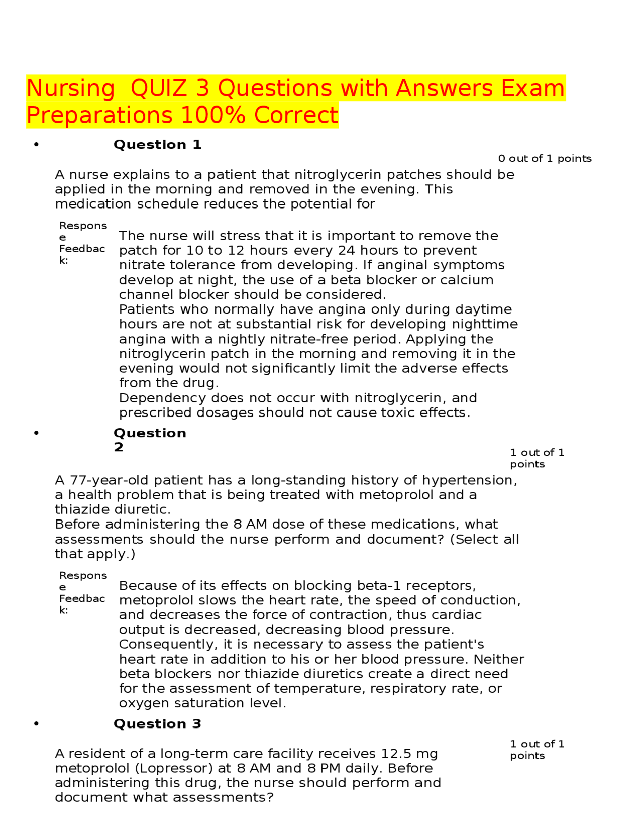 Nursing QUIZ 3 Questions with Answers Exam Preparations 100% Correct ...