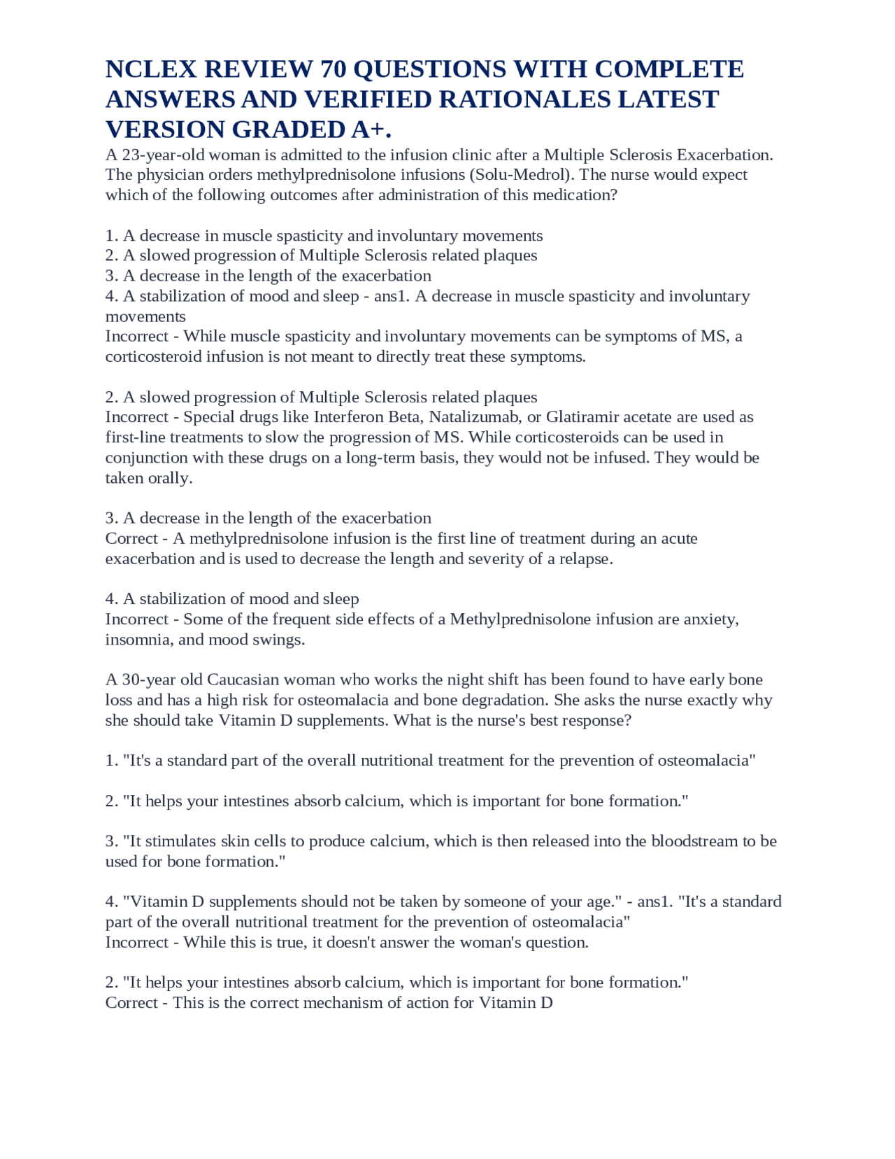 NCLEX REVIEW 70 QUESTIONS WITH COMPLETE ANSWERS AND VERIFIED RATIONALES ...