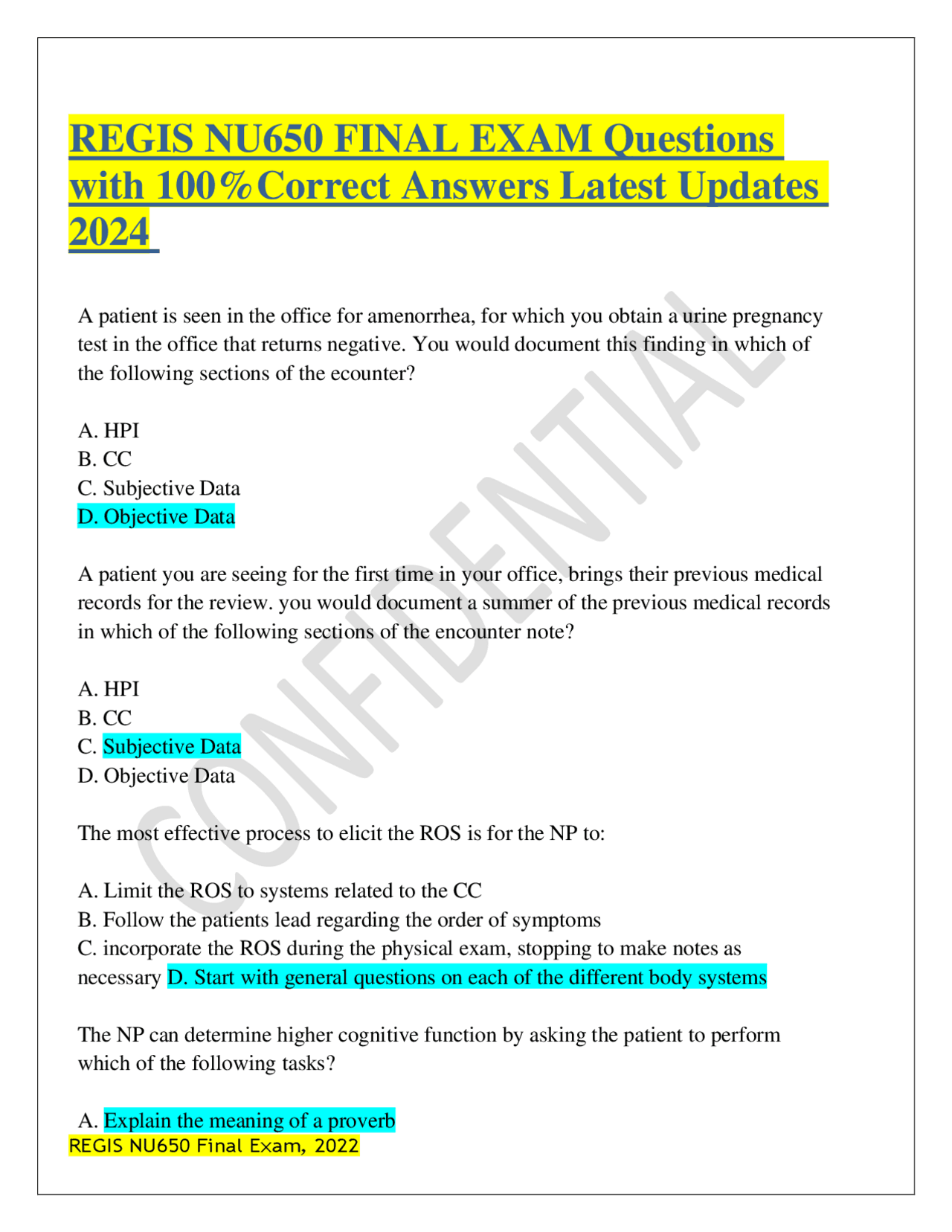 REGIS NU650 FINAL EXAM Questions with 100%Correct Answers Latest ...