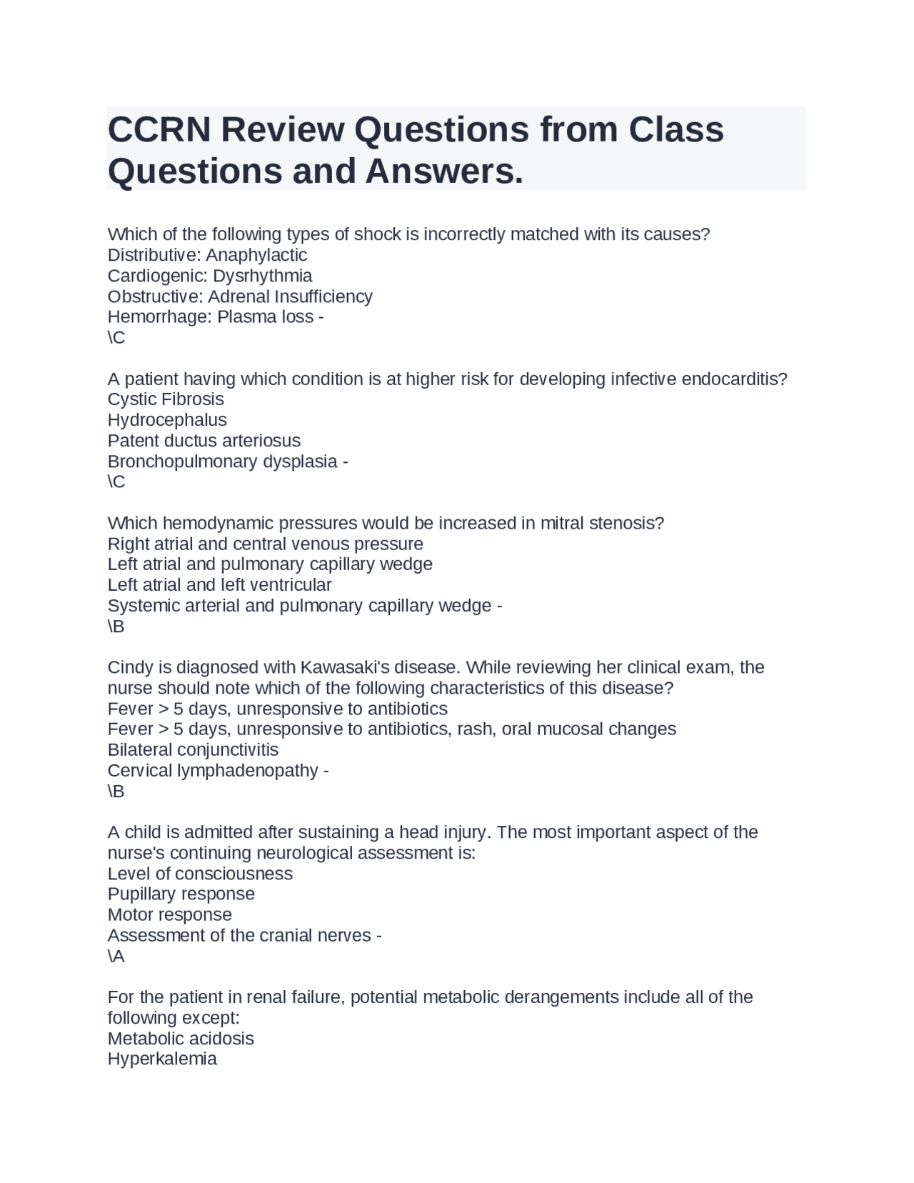 CCRN Review Questions from Class Questions and Answers. | Exams Nursing ...