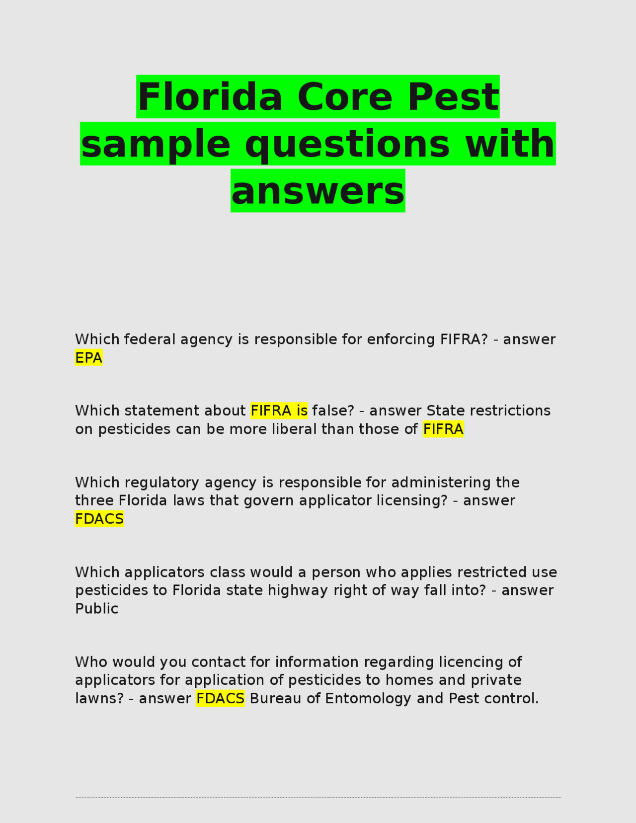 Florida Core Pest sample questions with answers | Exams Nursing | Docsity