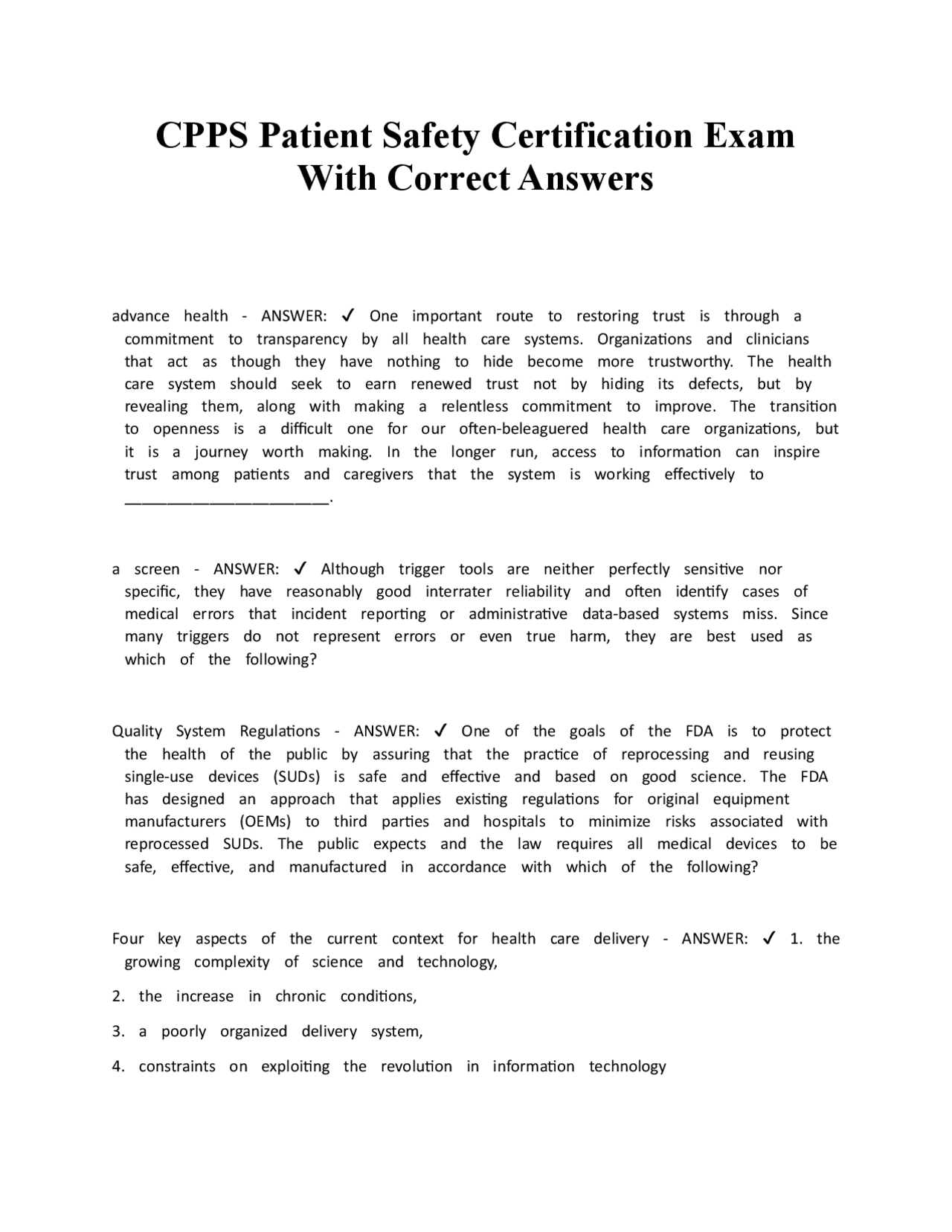 CPPS Patient Safety Certification Exam With Correct Answers.pdf | Exams Nursing | Docsity