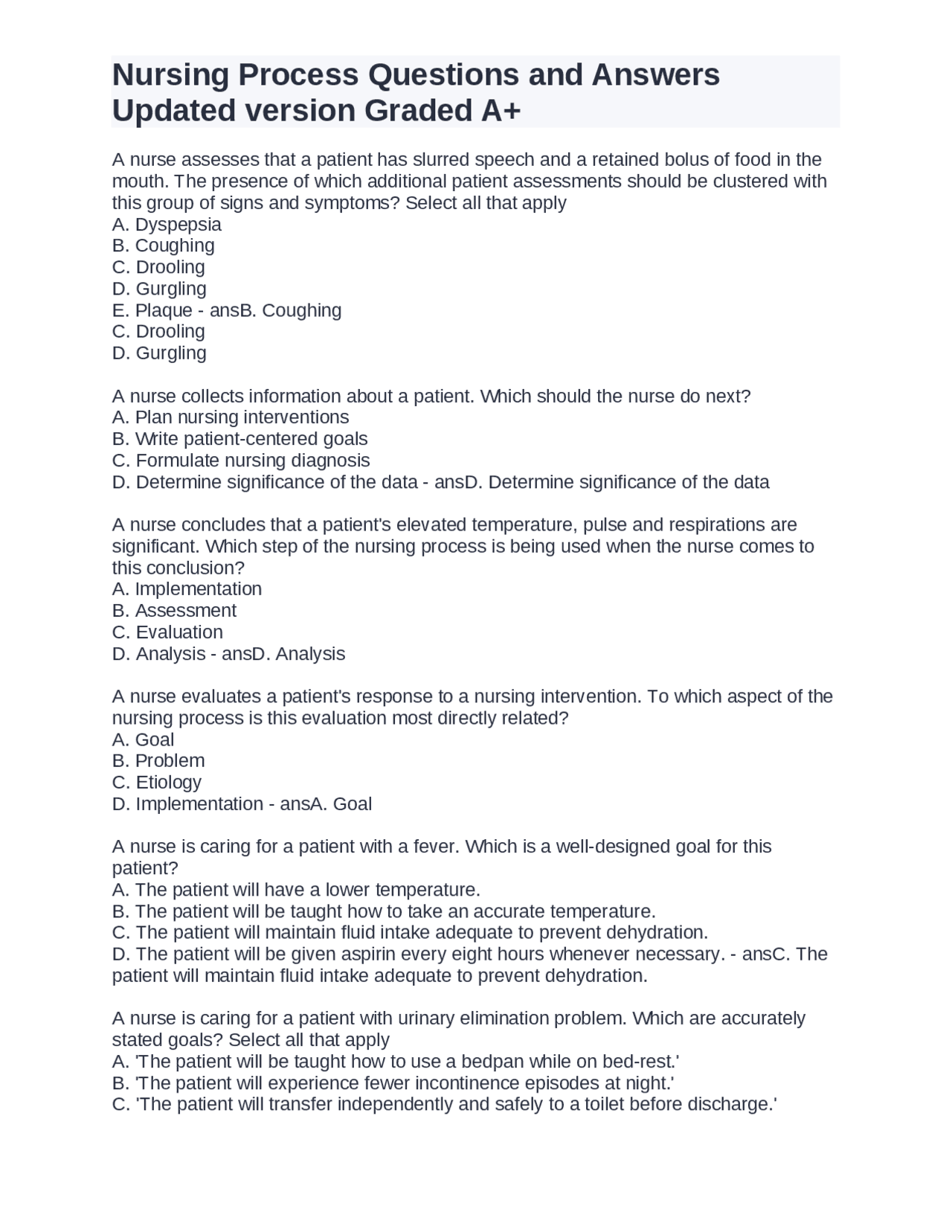 Nursing Process Questions and Answers Updated version Graded A+ | Exams ...