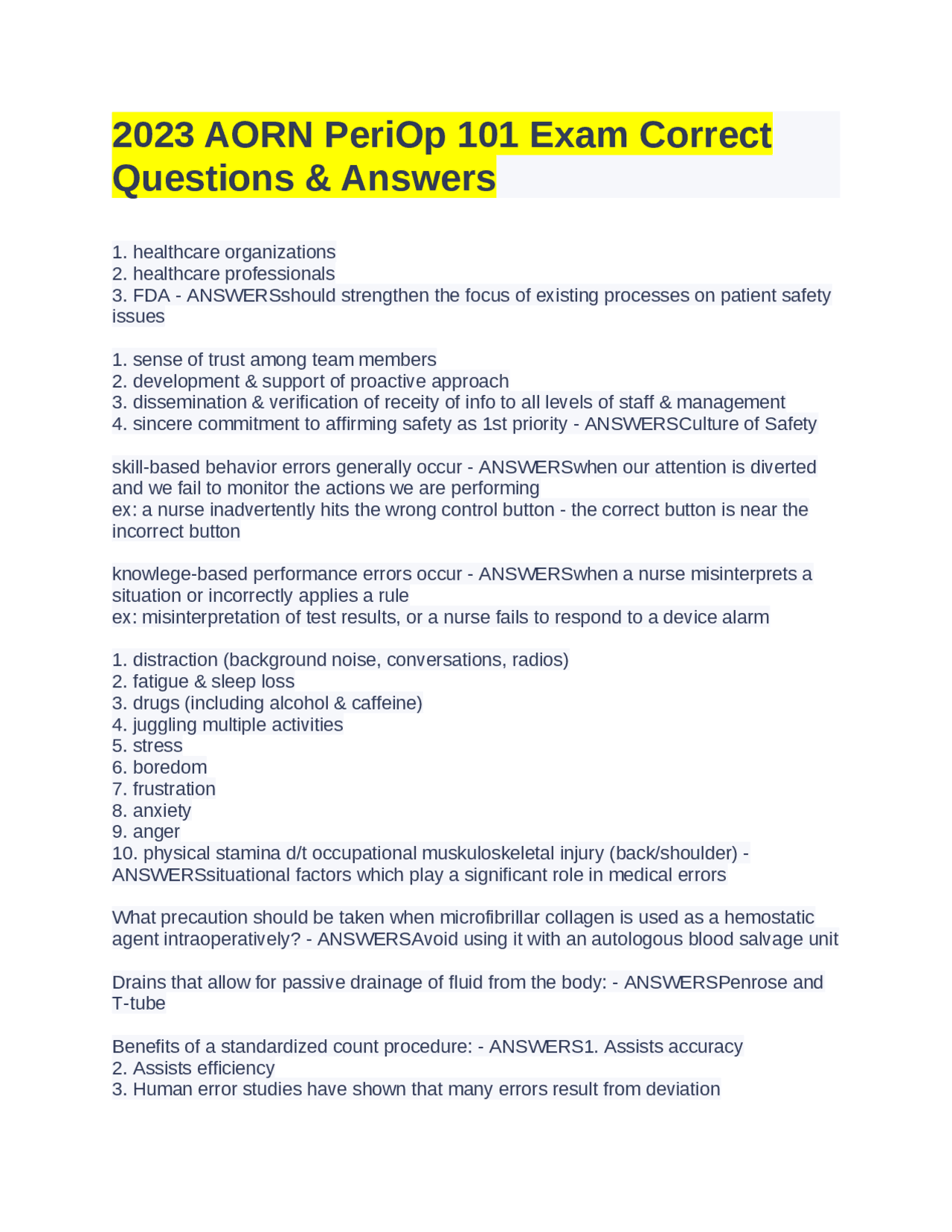 2023 AORN PeriOp 101 Exam Correct Questions & Answers | Exams Nursing ...