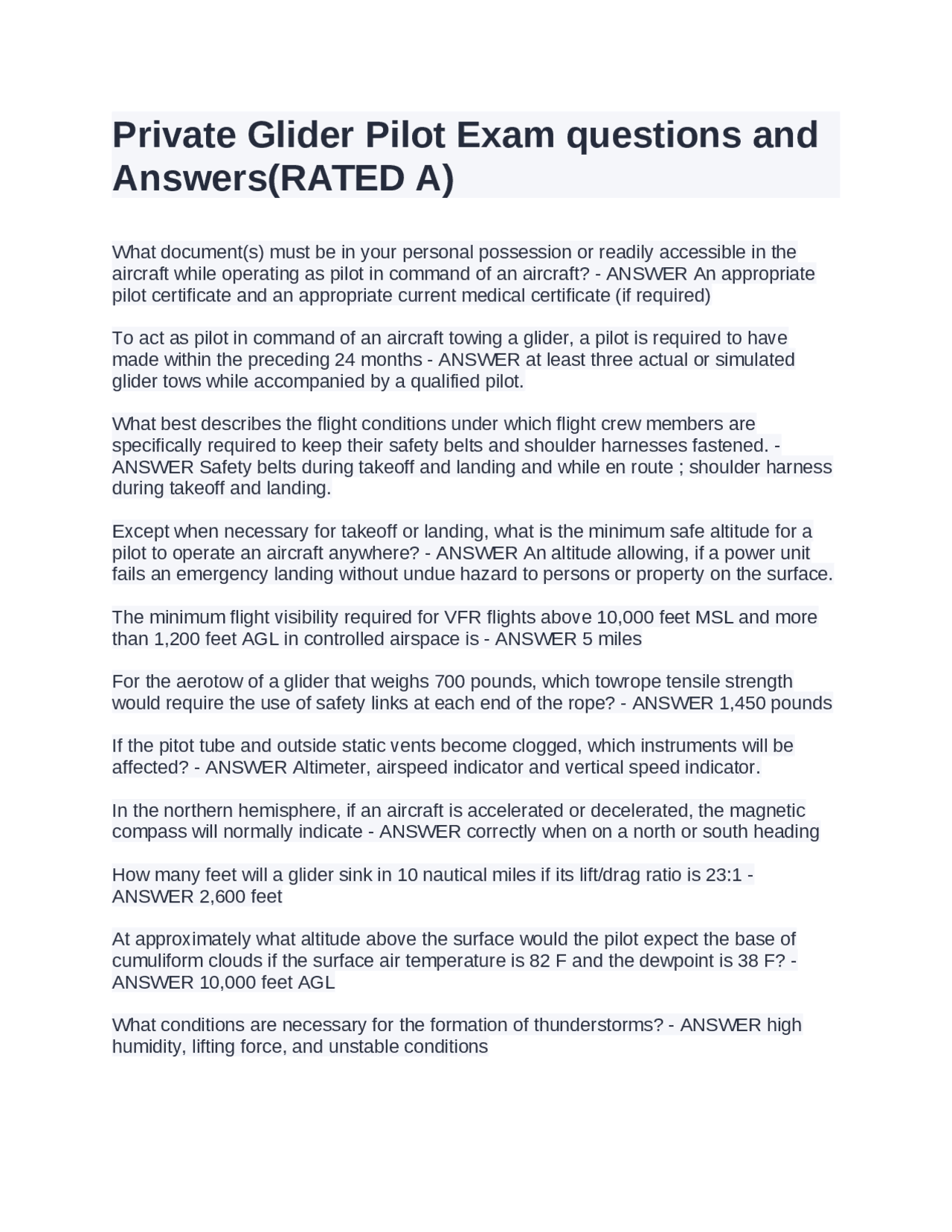 Private Glider Pilot Exam questions and Answers(RATED A) | Exams ...
