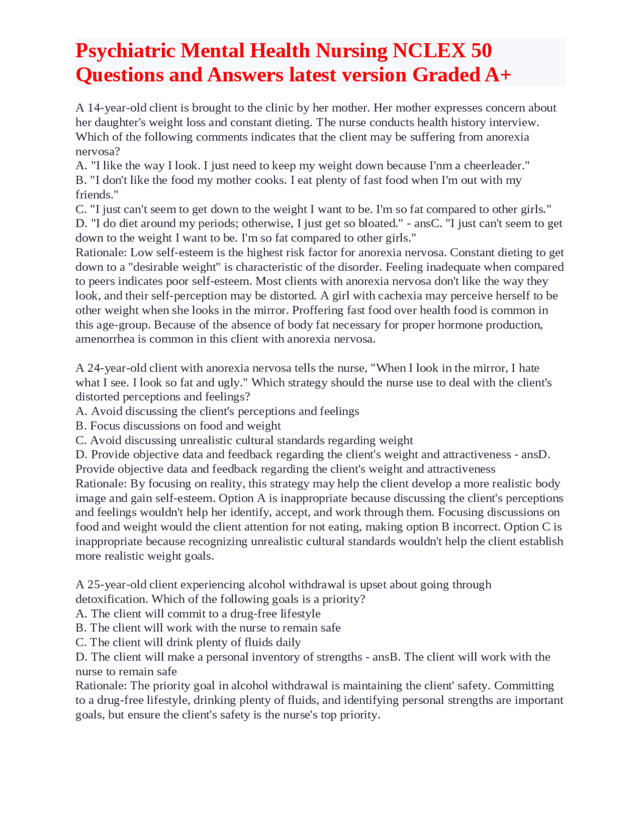 Psychiatric Mental Health Nursing NCLEX 50 Questions and Answers latest ...