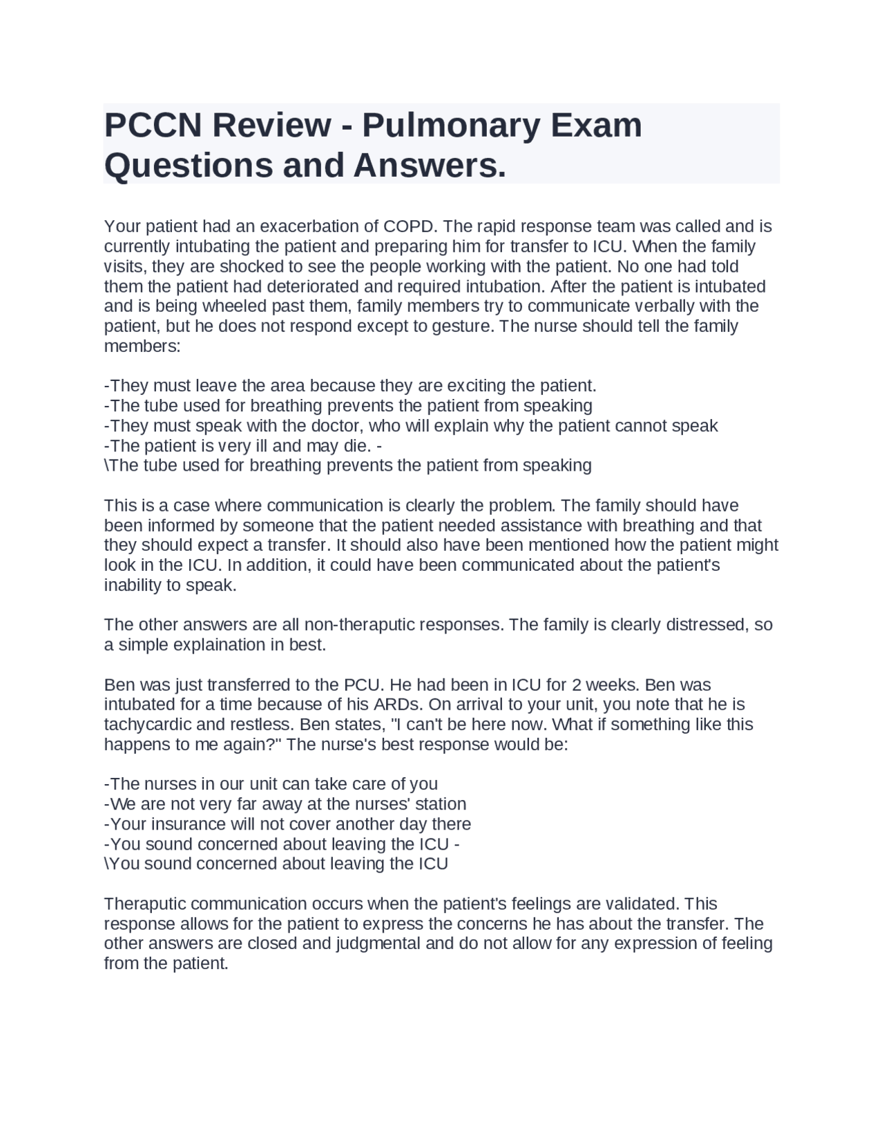 PCCN Review - Pulmonary Exam Questions and Answers. | Exams Nursing ...