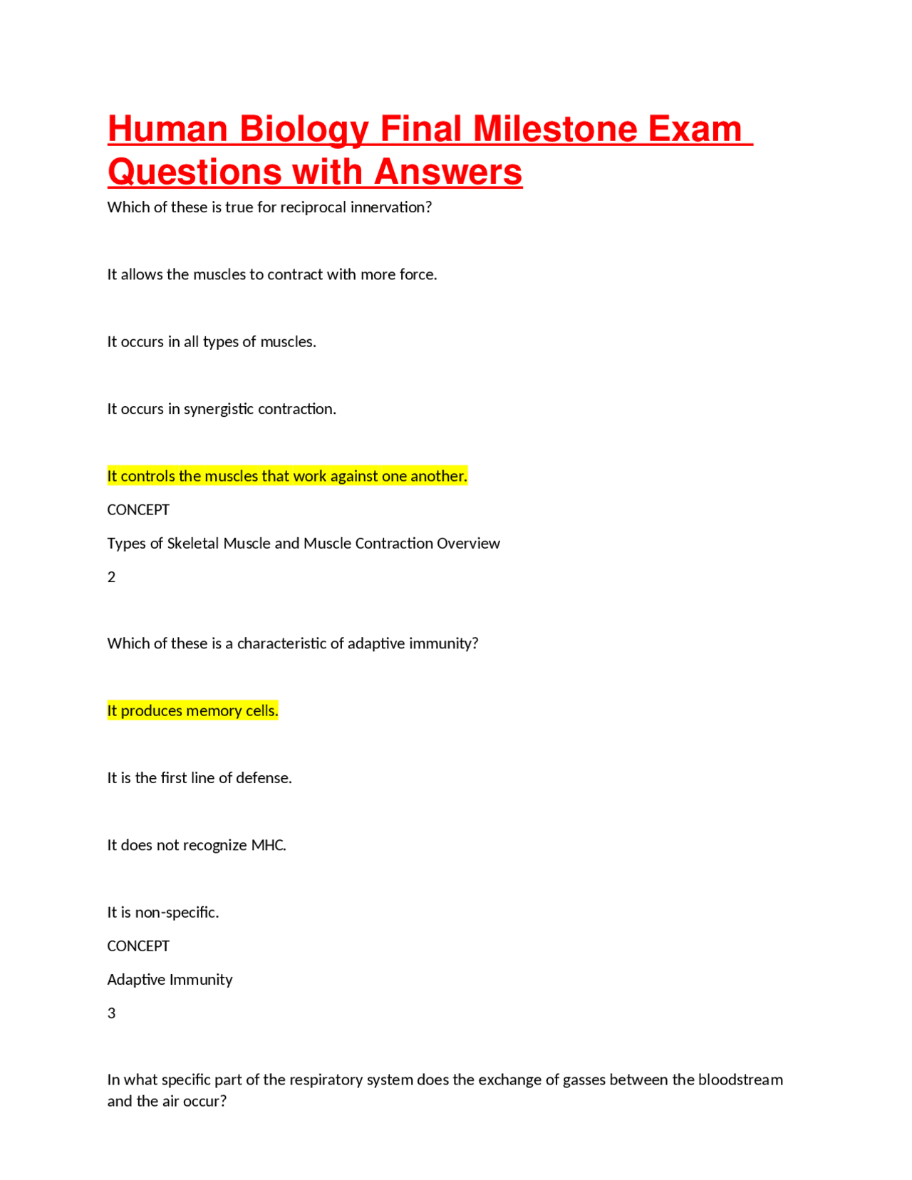 Human Biology Final Milestone Exam Questions with Answers | Exams Human ...