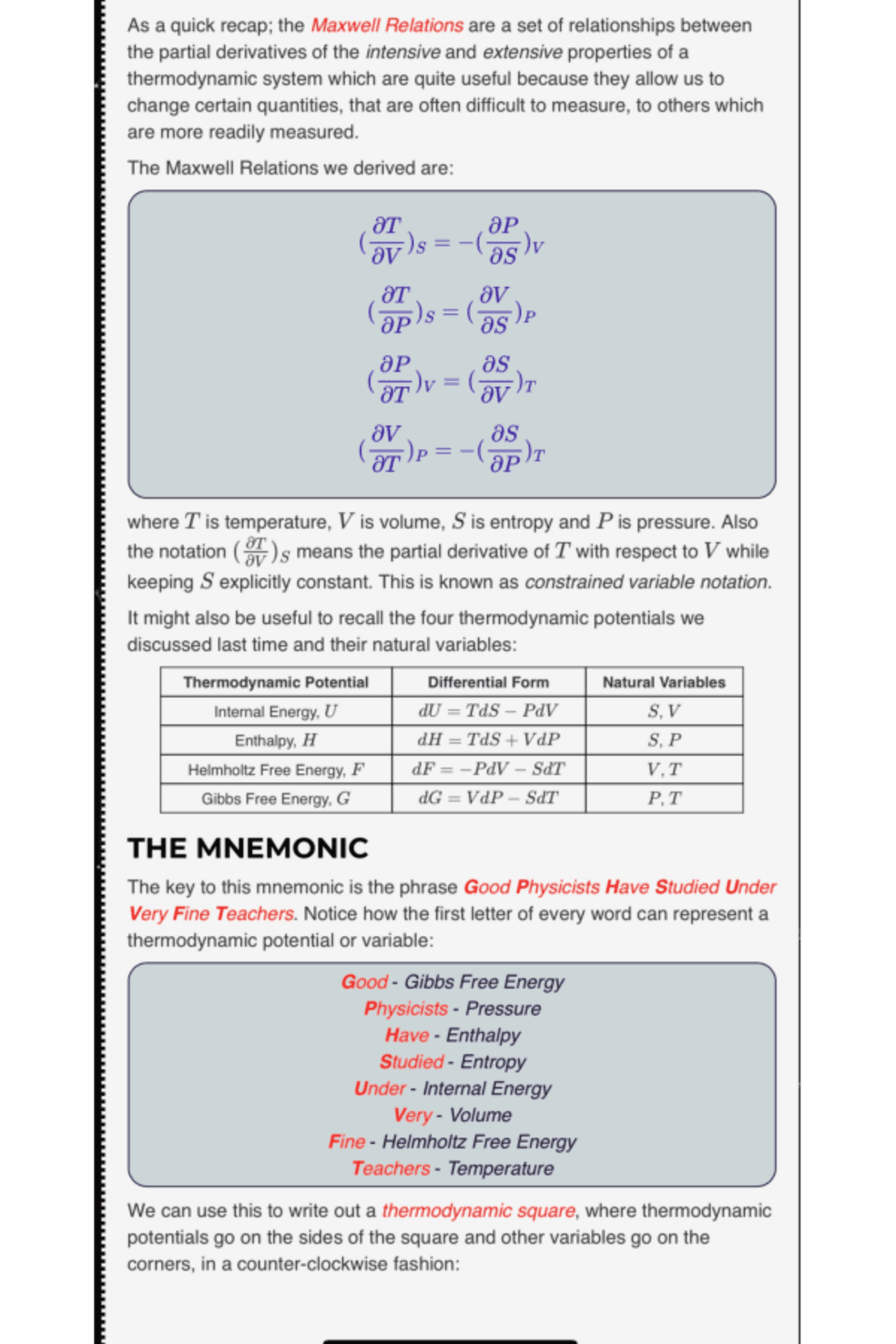 Maxwell's square is a mnemonic device used to remember Maxwell's ...