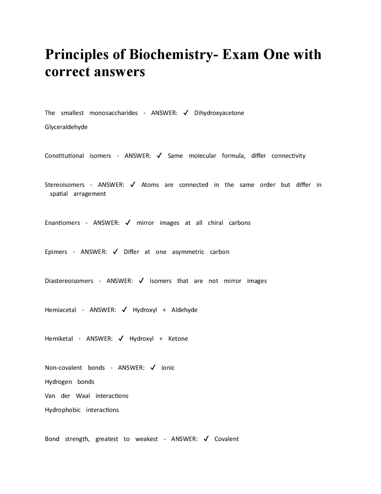 Principles of Biochemistry- Exam One with correct answers.pdf | Exams ...