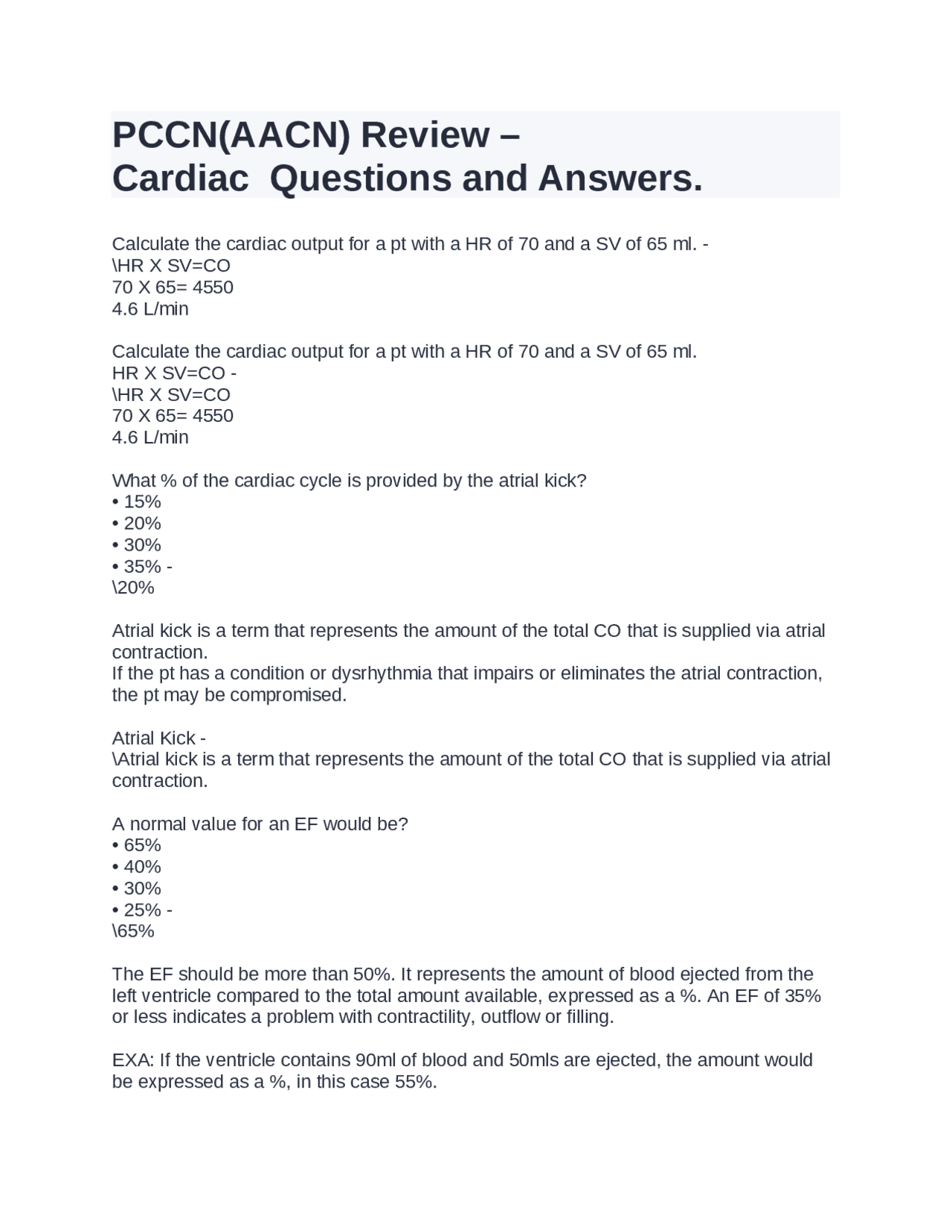 PCCN(AACN) Review – Cardiac Questions and Answers. | Exams Nursing ...