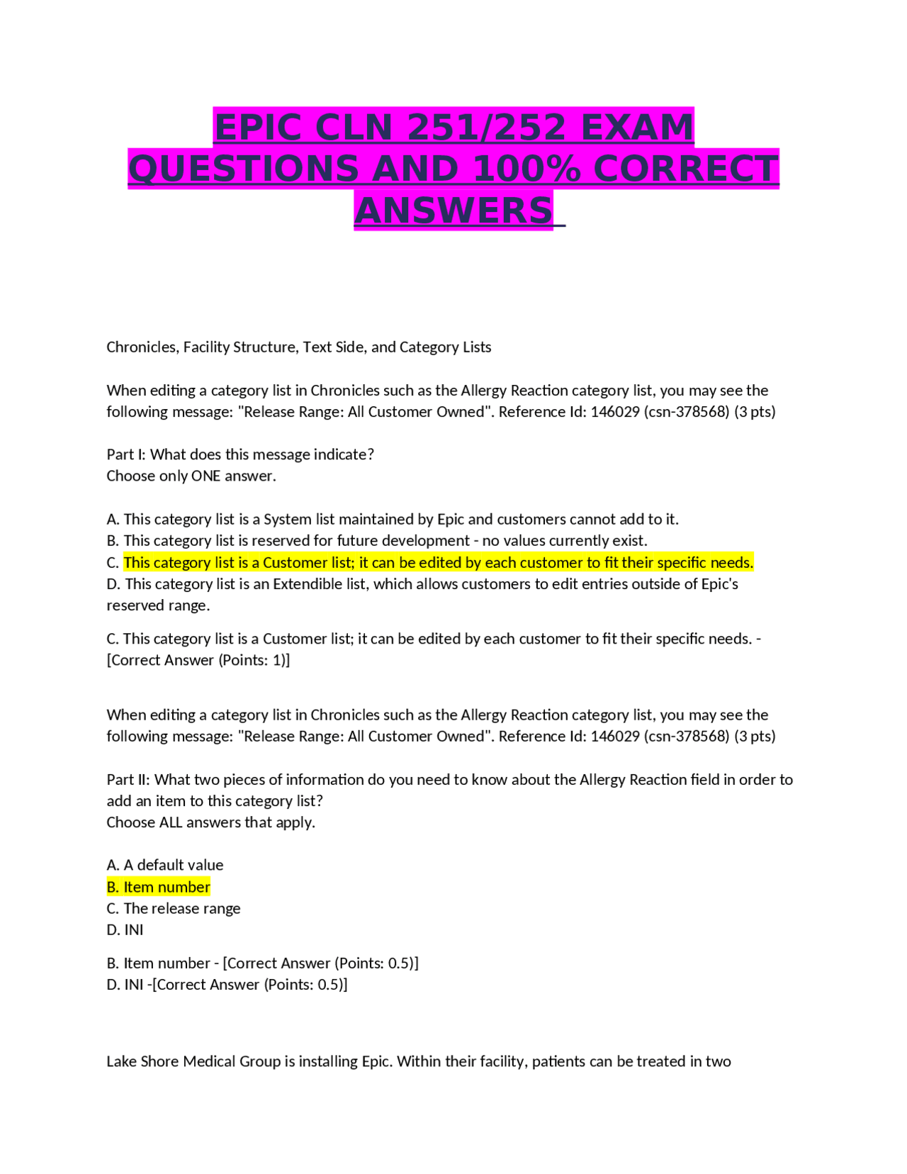 EPIC CLN 251/252 EXAM QUESTIONS AND 100% CORRECT ANSWERS | Exams ...