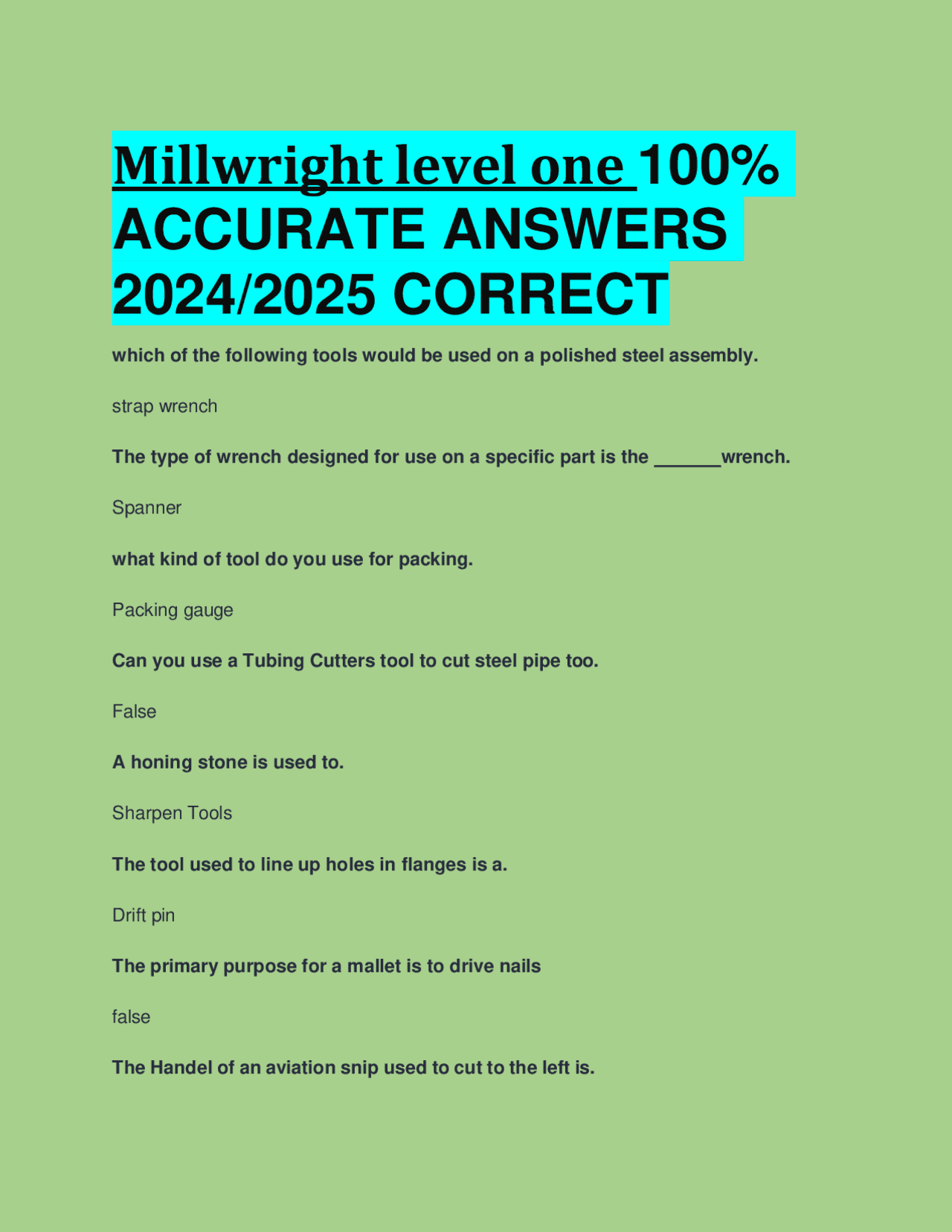 Millwright level one 100% ACCURATE ANSWERS 2024/2025 CORRECT | Exams ...