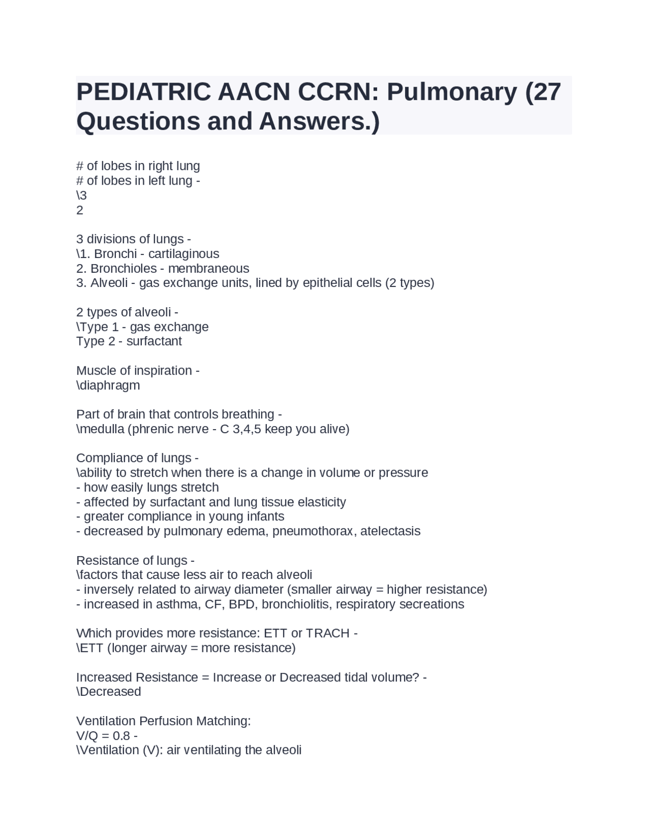 PEDIATRIC AACN CCRN: Pulmonary (27 Questions and Answers.) | Exams ...