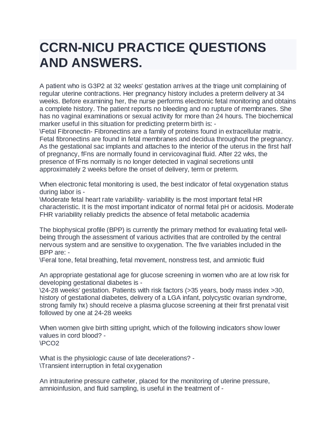 CCRN-NICU PRACTICE QUESTIONS AND ANSWERS | Exams Nursing | Docsity