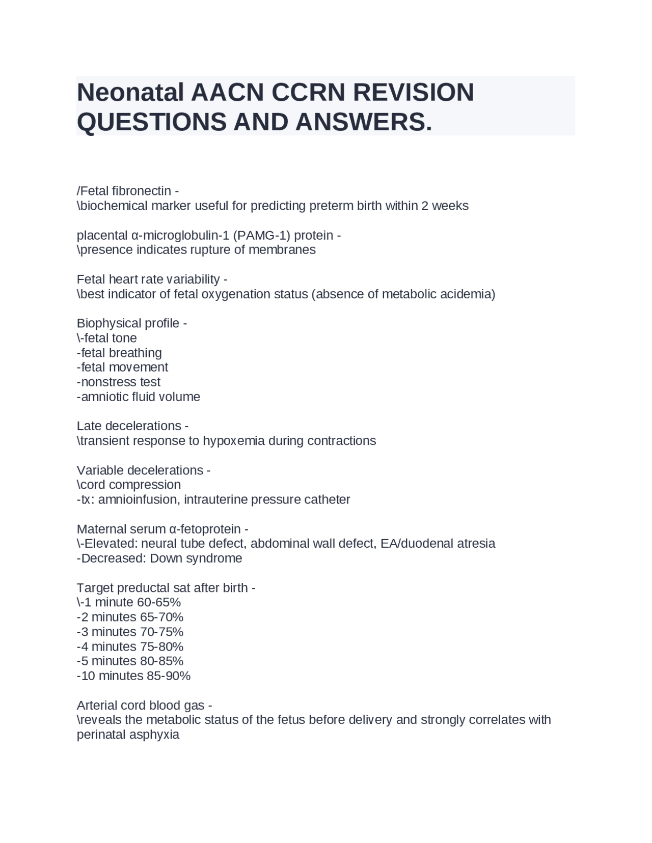 Neonatal AACN CCRN REVISION QUESTIONS AND ANSWERS. | Exams Nursing ...