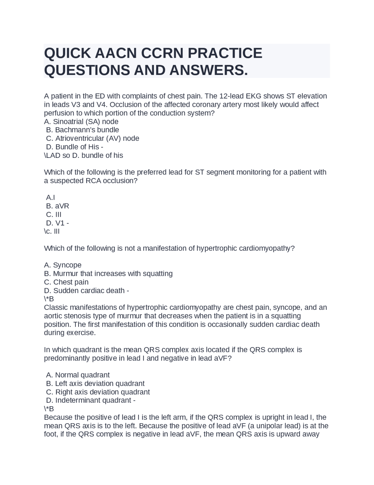 QUICK AACN CCRN PRACTICE QUESTIONS AND ANSWERS. | Exams Nursing | Docsity