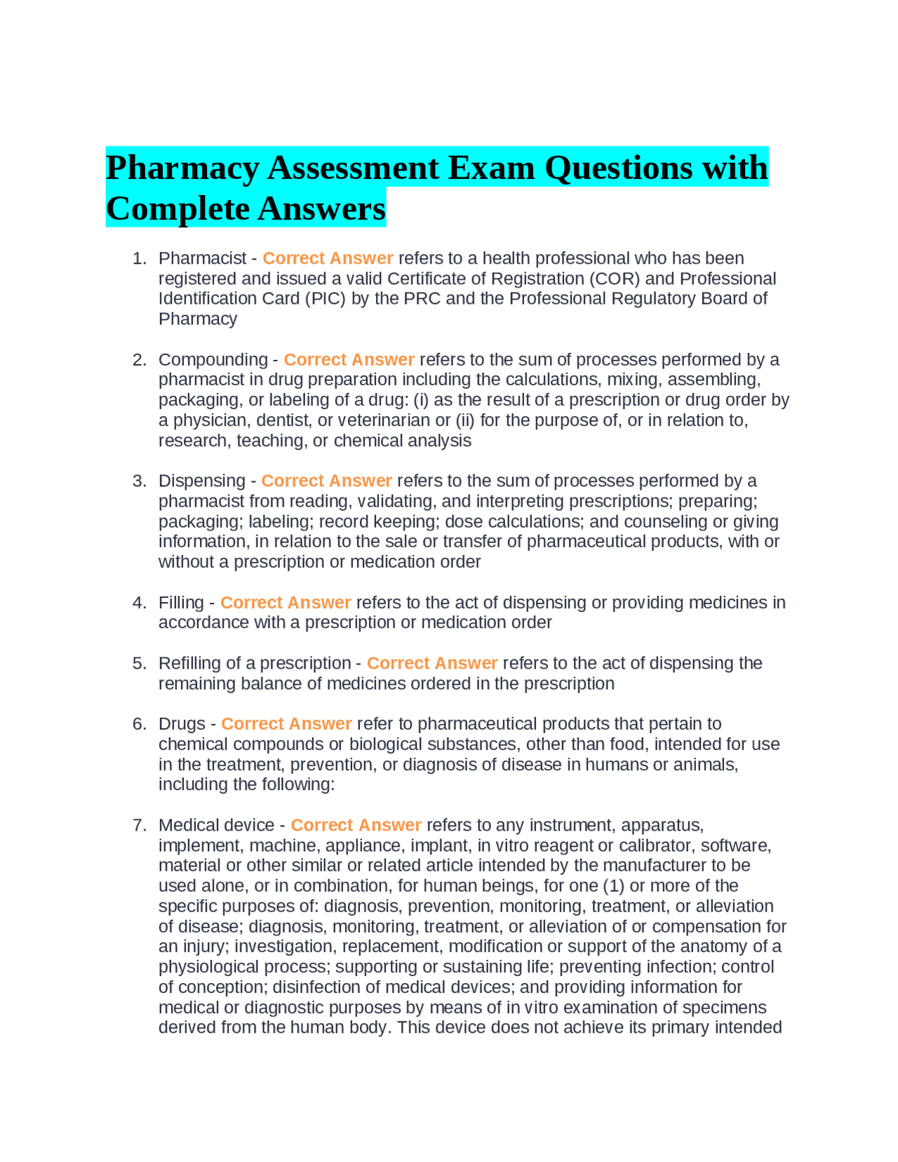 Pharmacy Assessment Exam Questions with Complete Answers | Exams ...