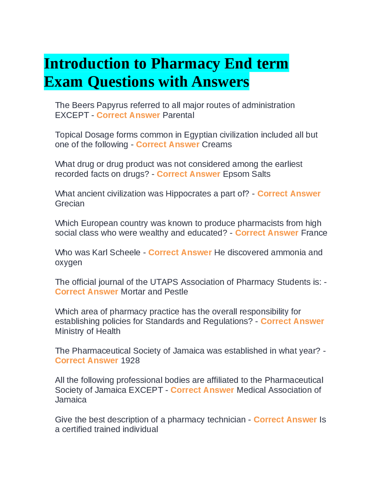 Introduction to Pharmacy End term Exam Questions with Answers | Exams ...