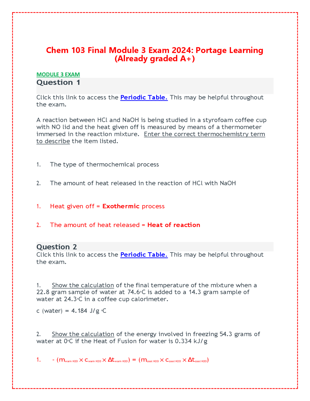 Chem 103 Final Module 3 Exam 2024: Portage Learning (Already graded A+ ...