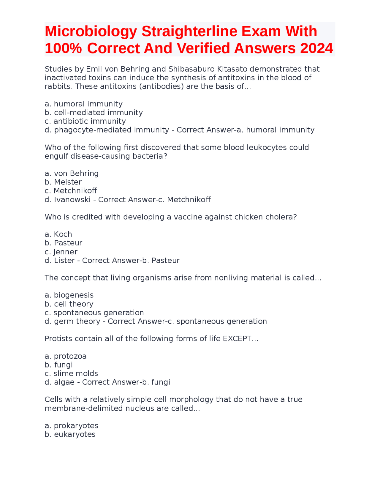 Microbiology Straighterline Exam With 100% Correct And Verified Answers ...