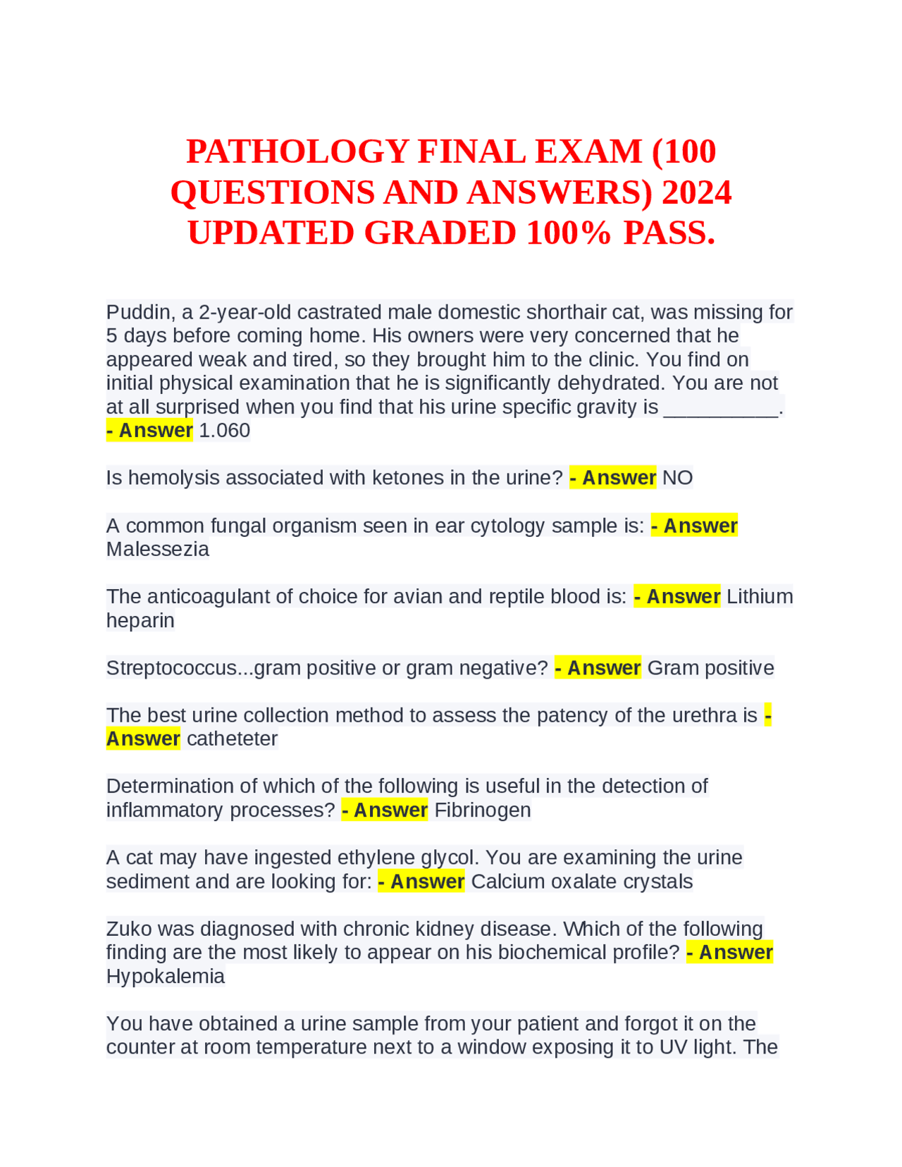 PATHOLOGY FINAL EXAM (100 QUESTIONS AND ANSWERS) 2024 UPDATED GRADED ...
