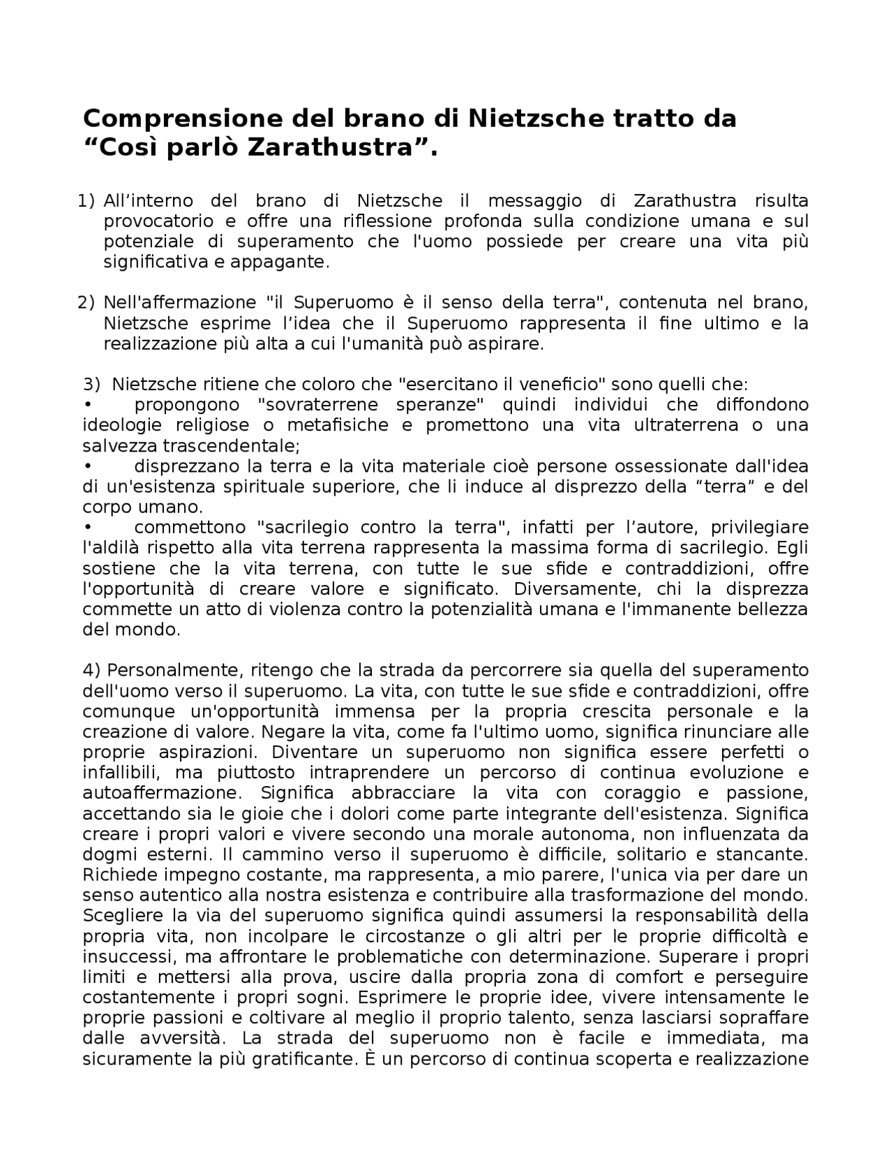 comprensione del brano tratto da "Così parlò Zarathustra" | Esercizi di ...