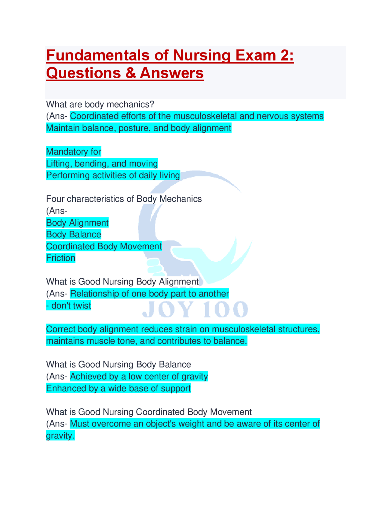 Fundamentals of Nursing Exam 2: Questions & Answers; Latest Updated ...