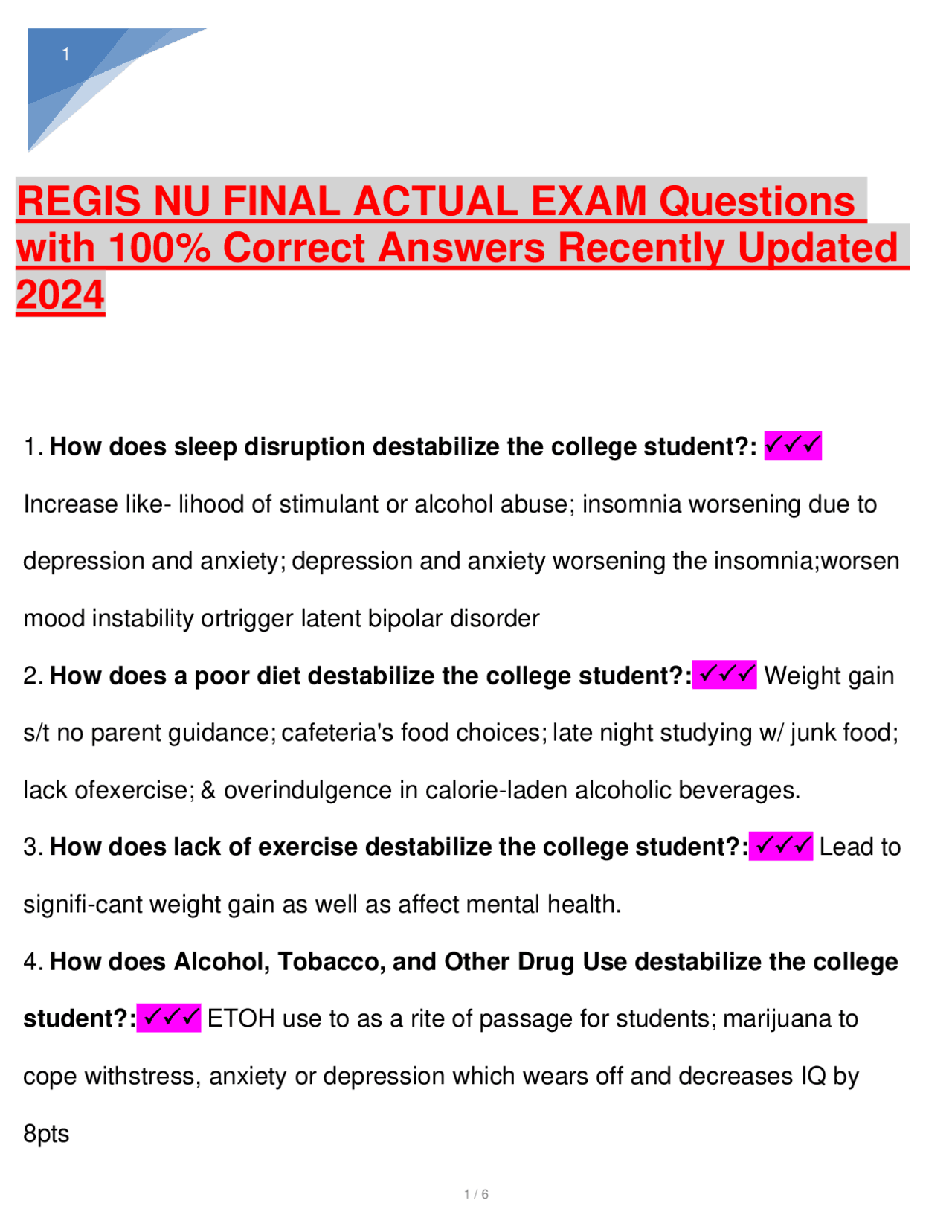 REGIS NU FINAL ACTUAL EXAM Questions with 100% Correct Answers Recently ...