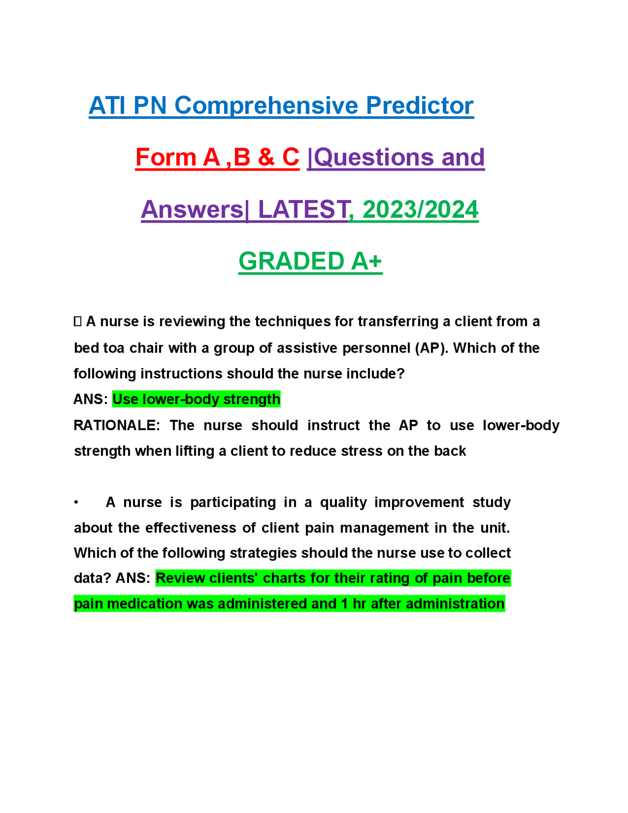 Ati Pn Comprehensive Predictor Form A B And C Questions And Answers Latest 2023 2024 G Exams