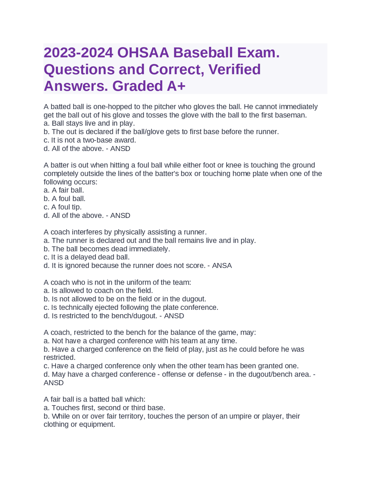 2023-2024 OHSAA Baseball Exam. Questions and Correct, Verified Answers ...