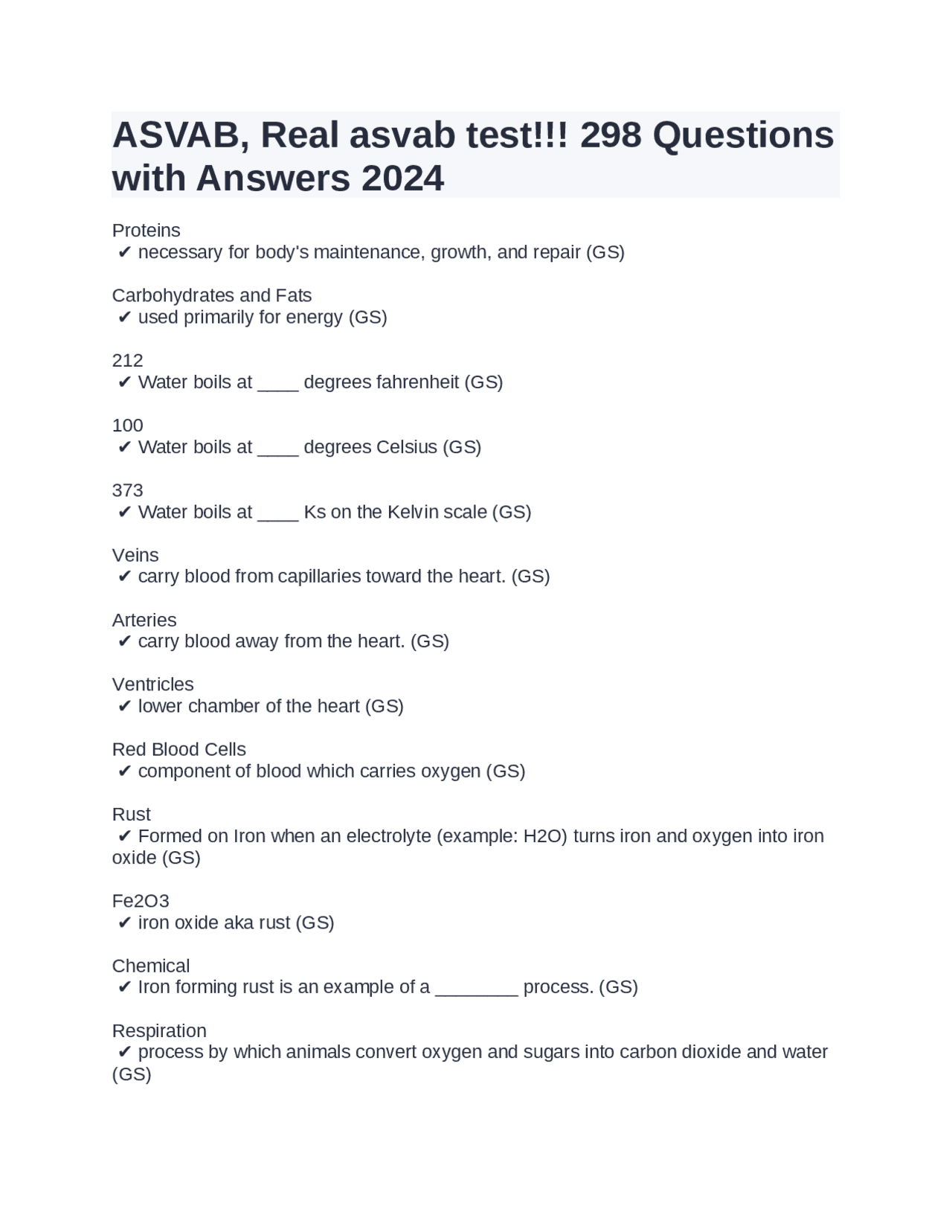 ASVAB, Real asvab test!!! 298 Questions with Answers 2024 | Exams ...