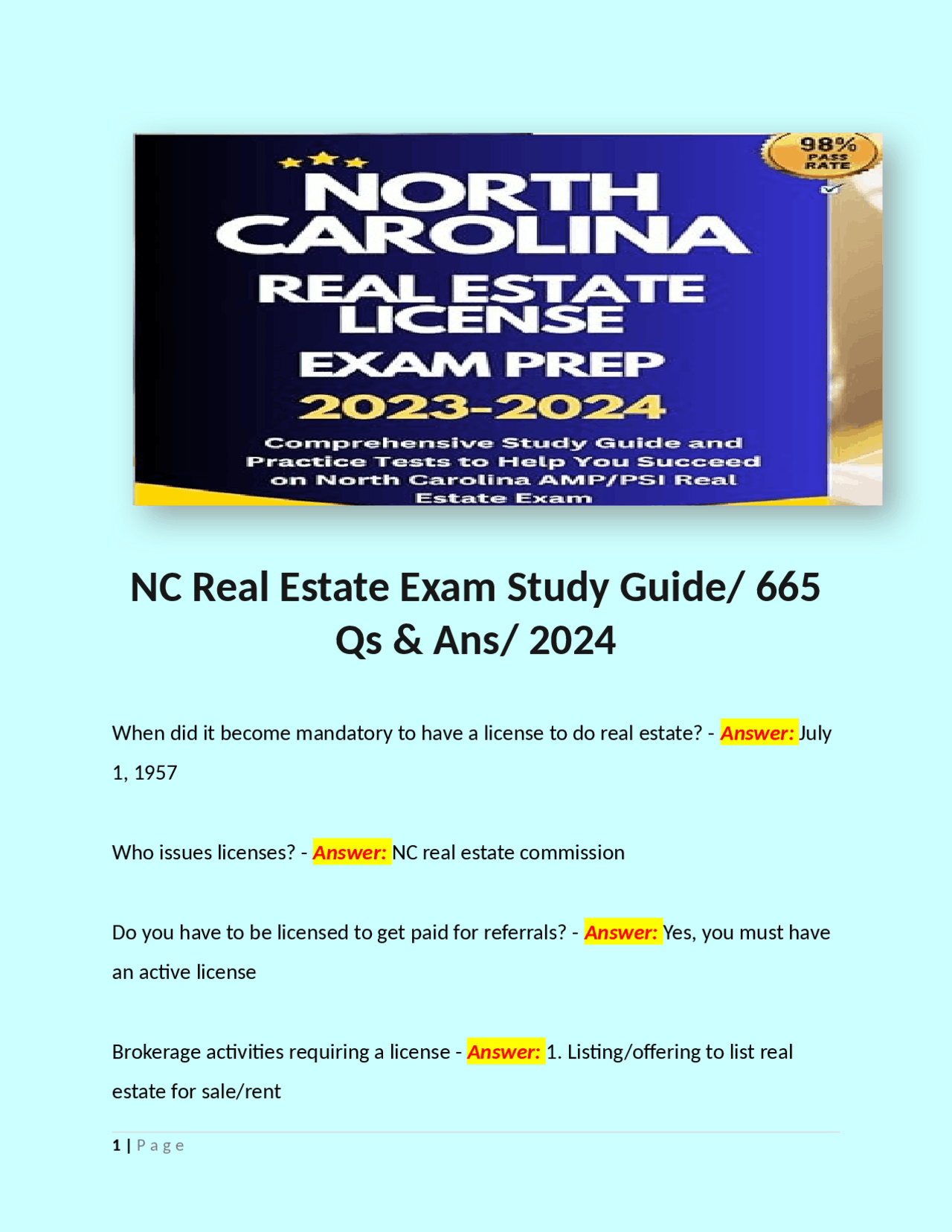 NC Real Estate Exam Study Guide/ 665 Qs & Ans/ 2024. | Exams Real ...