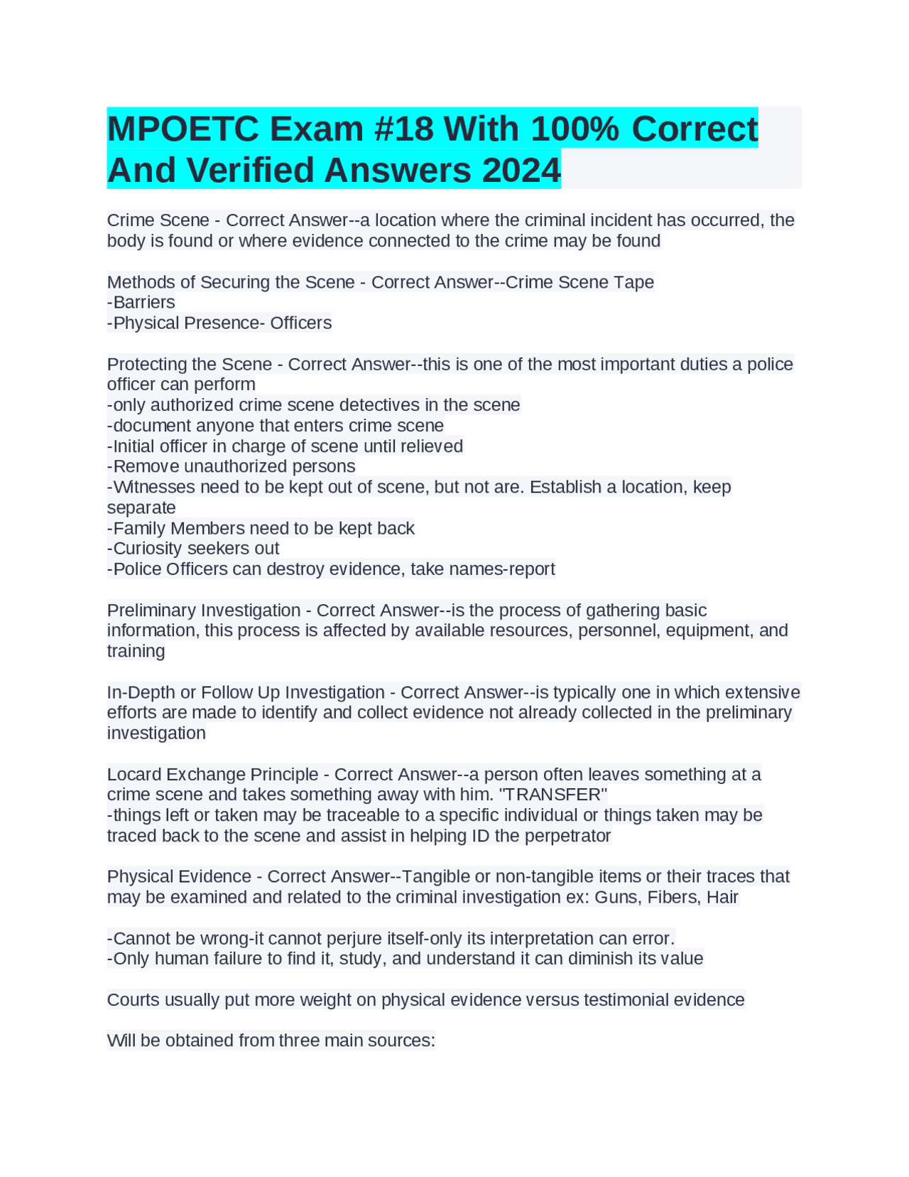 MPOETC Exam #18 With 100% Correct And Verified Answers 2024 | Exams ...