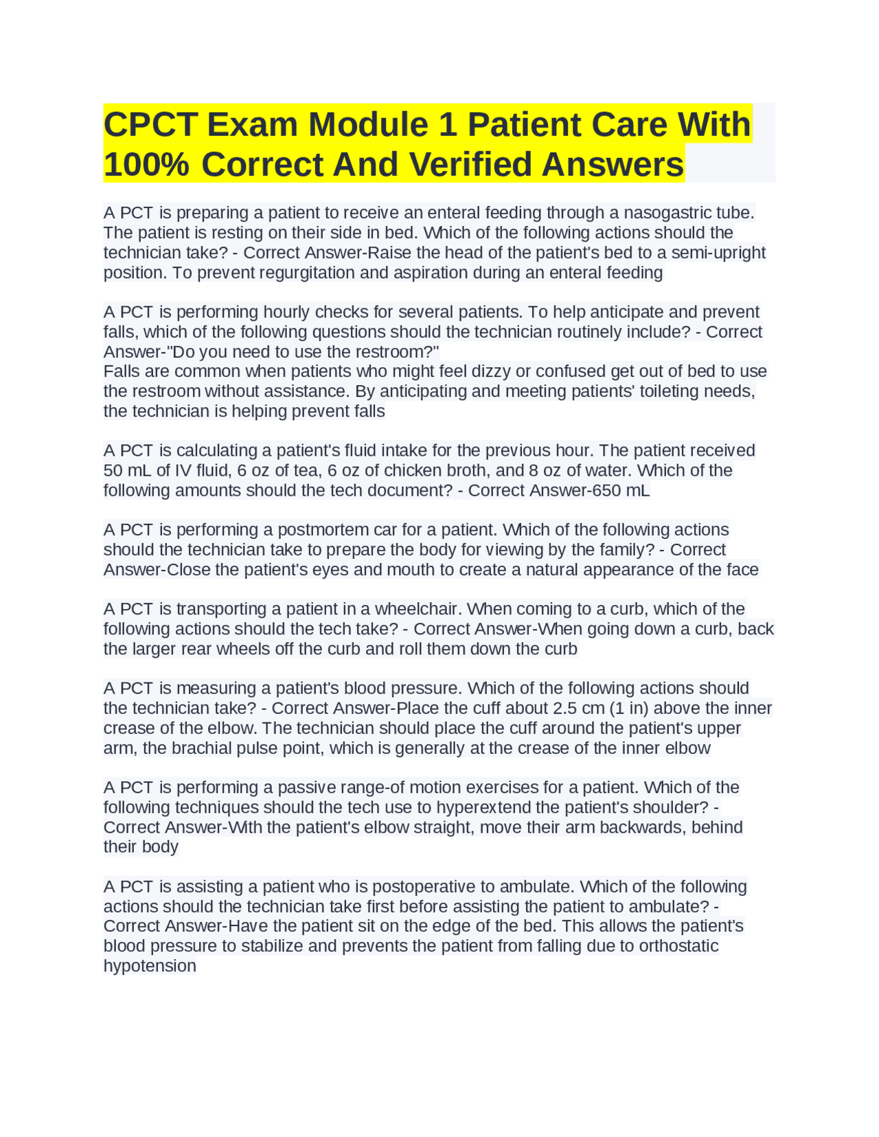 Cpct Exam Module 1 Patient Care With 100 Correct And Verified Answers Exams Advanced 