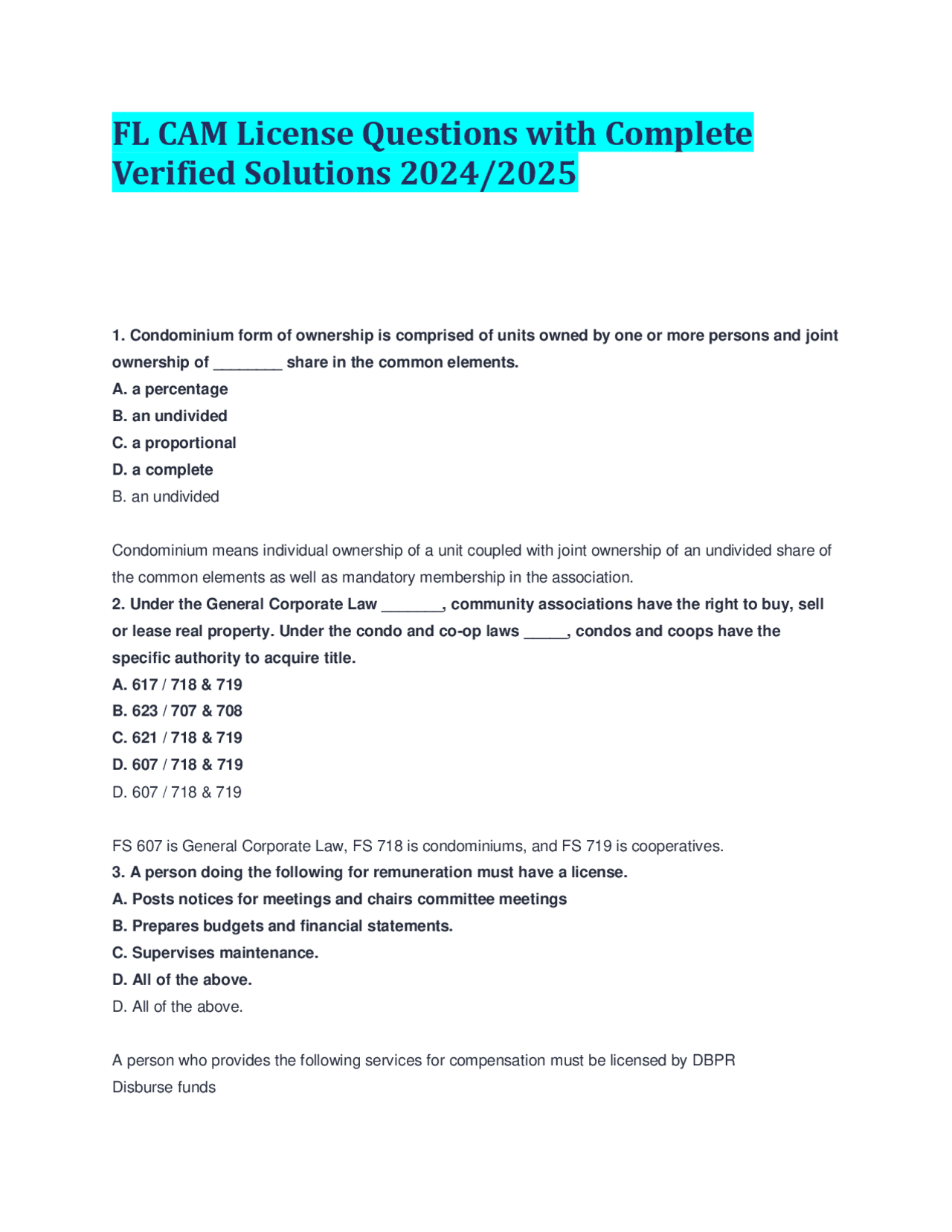 FL CAM License Questions with Complete Verified Solutions 2024/2025 ...