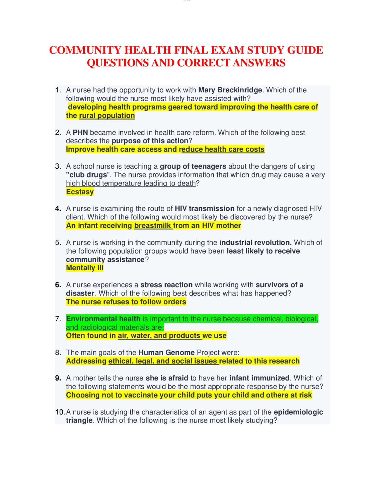 COMMUNITY HEALTH FINAL EXAM STUDY GUIDEQUESTIONS AND CORRECT ANSWERS ...