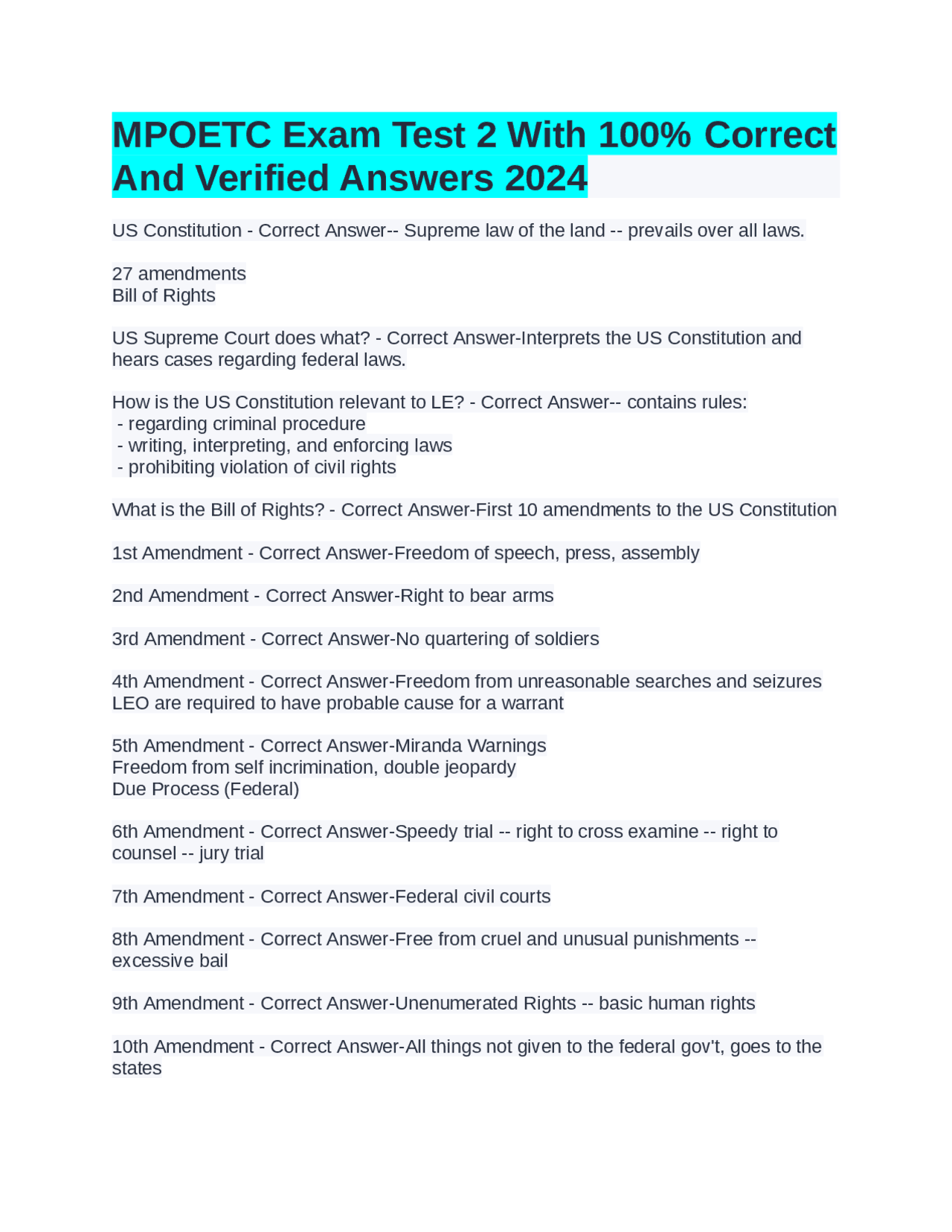 MPOETC Exam Test 2 With 100% Correct And Verified Answers 2024 | Exams ...