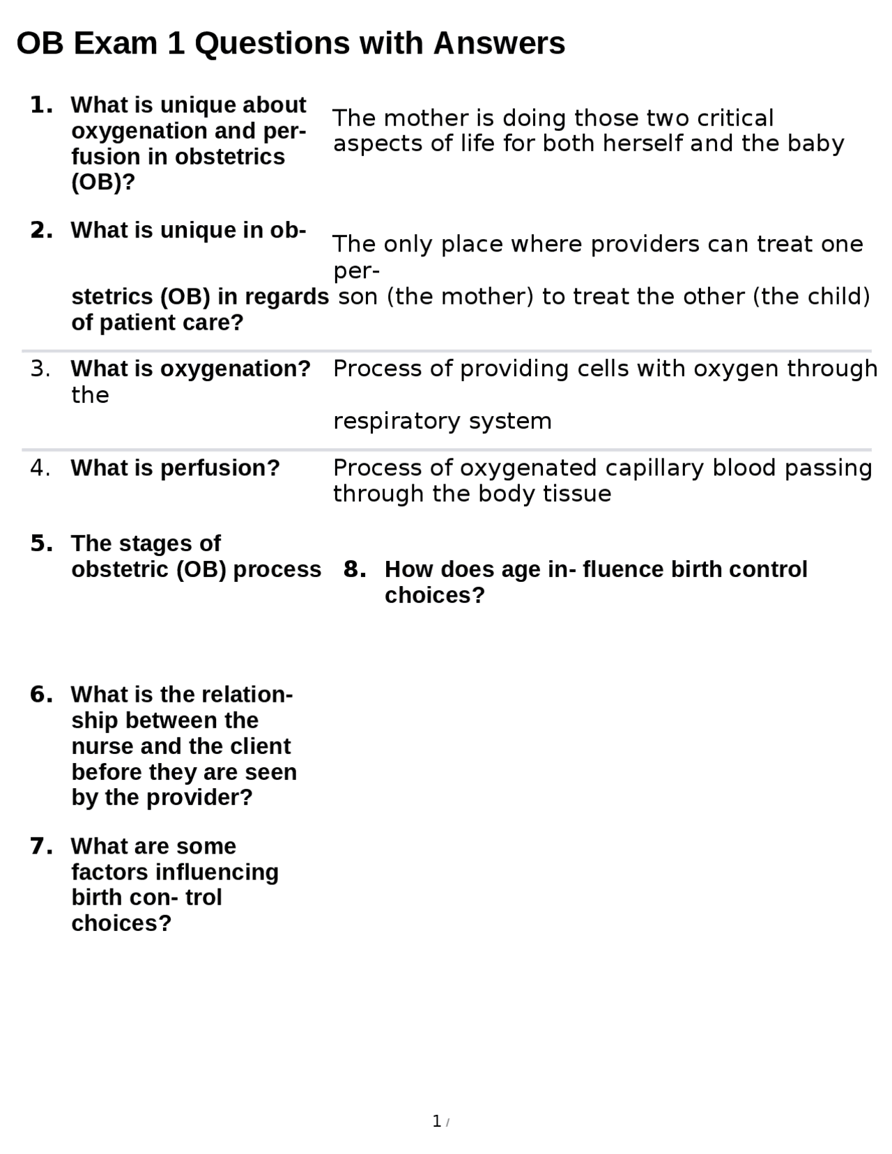 OB Exam 1 Questions with Answers | Exams Nursing | Docsity