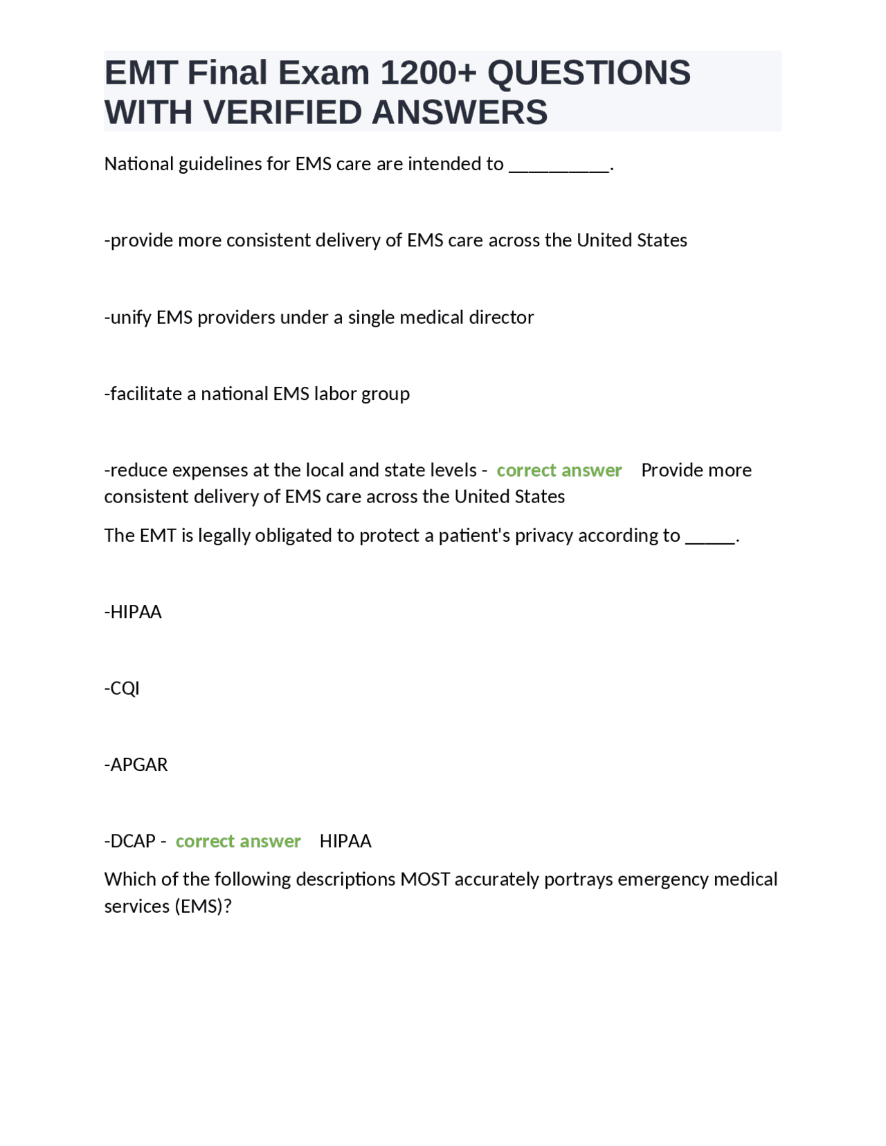 EMT Final Exam 1200+ QUESTIONS WITH VERIFIED ANSWERS 2024/2025 | Exams ...