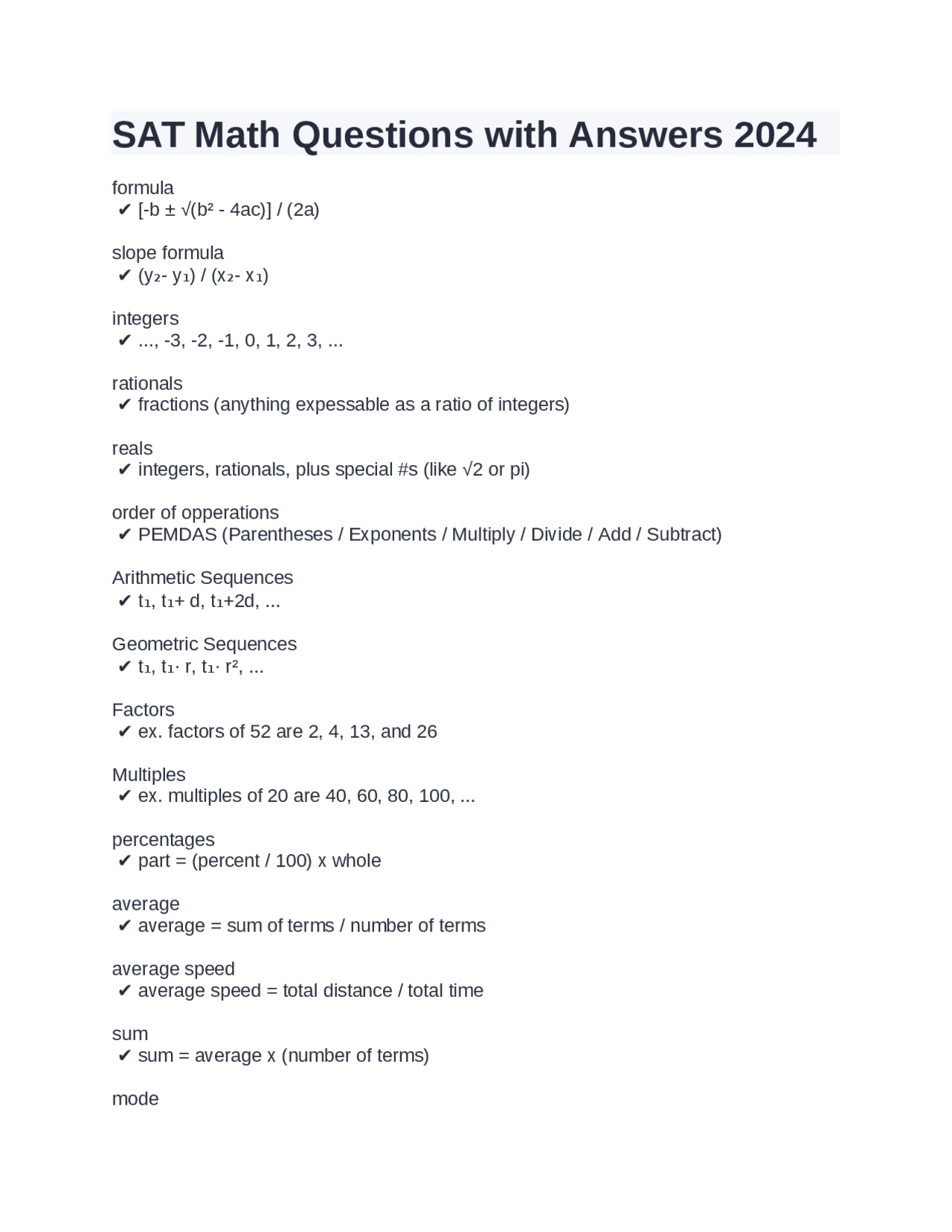 SAT Math Questions with Answers 2024 | Exams Mathematics | Docsity