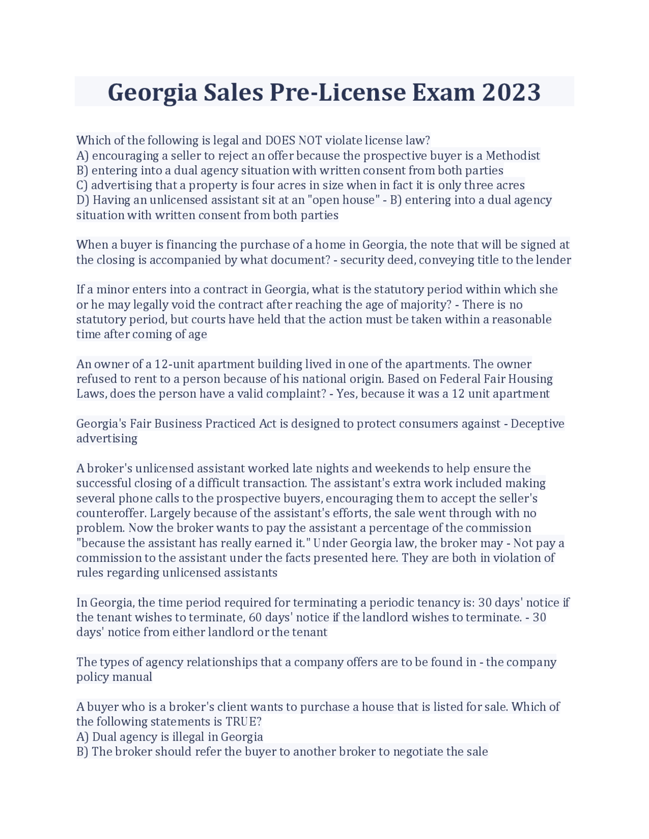 Georgia Sales Pre-License Exam 2023 | Exams Real Estate Management ...