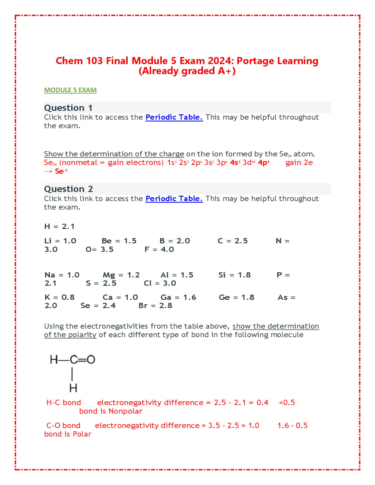 Chem 103 Final Module 5 Exam 2024: Portage Learning (Already graded A+ ...