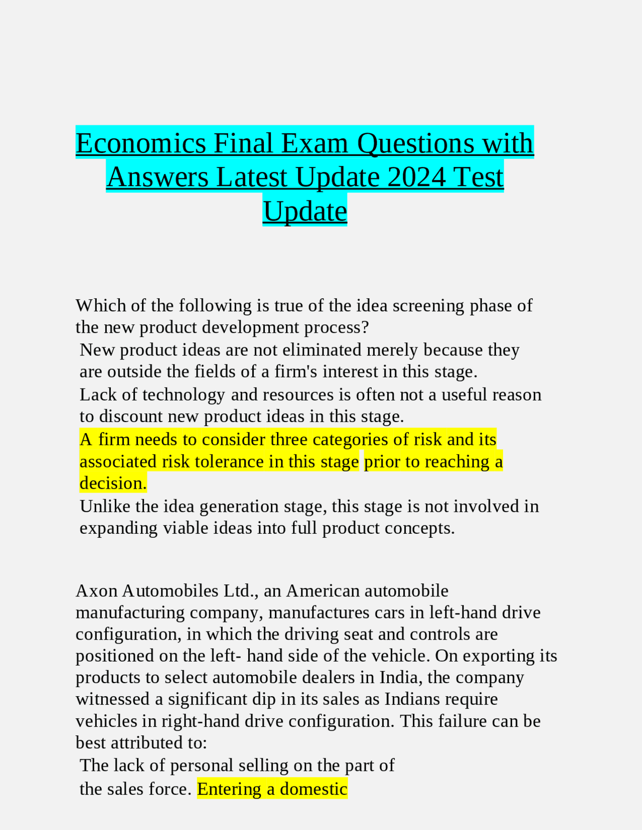 Economics Final Exam Questions with Answers Latest Update 2024 Test ...